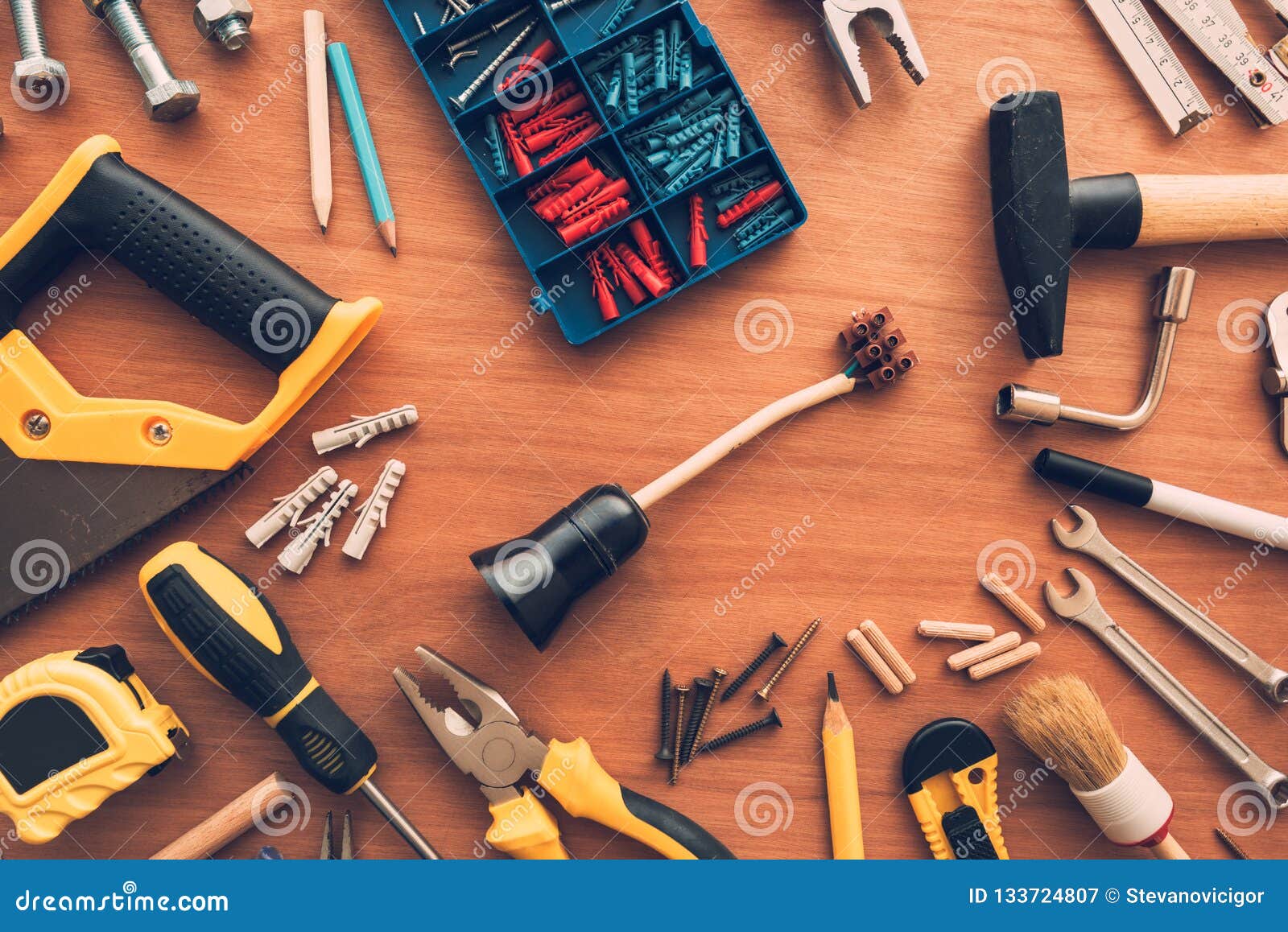 DIY Housework Tools Top View on Workshop Desk Stock Image - Image of ...