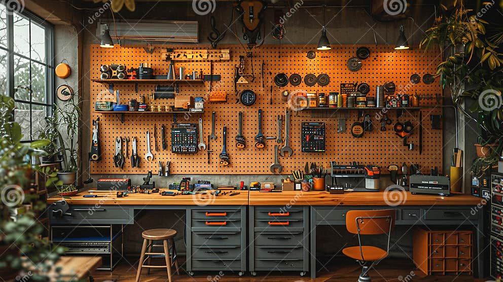 DIY Makers Workshop with Tools Organized on Pegboards Stock Image ...