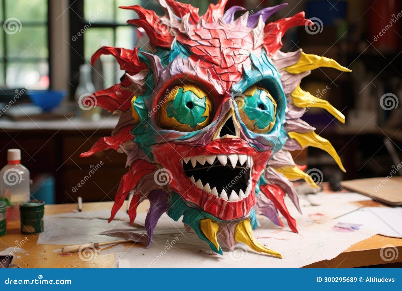 A Diy Monster Mask Made of Papier-mache and Paint, on a Table Stock ...