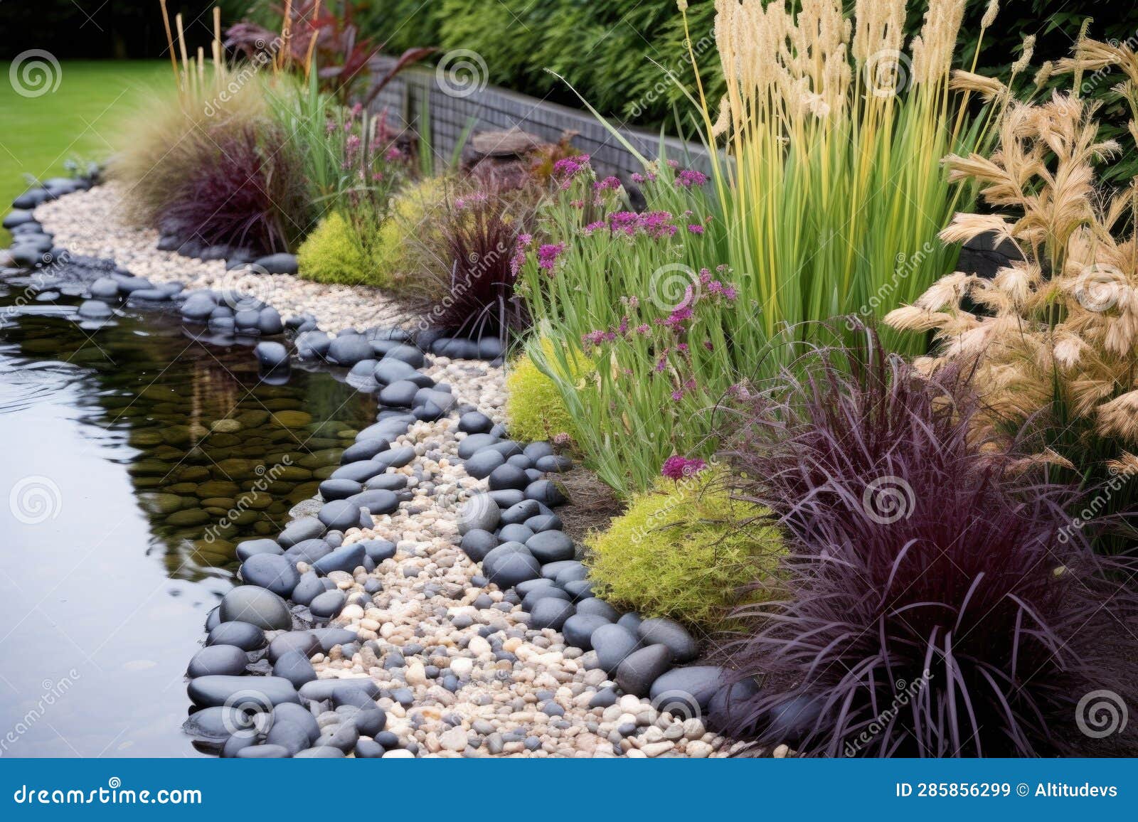 Diy Pond Edging with Pebbles and Ornamental Grasses Stock Image - Image ...