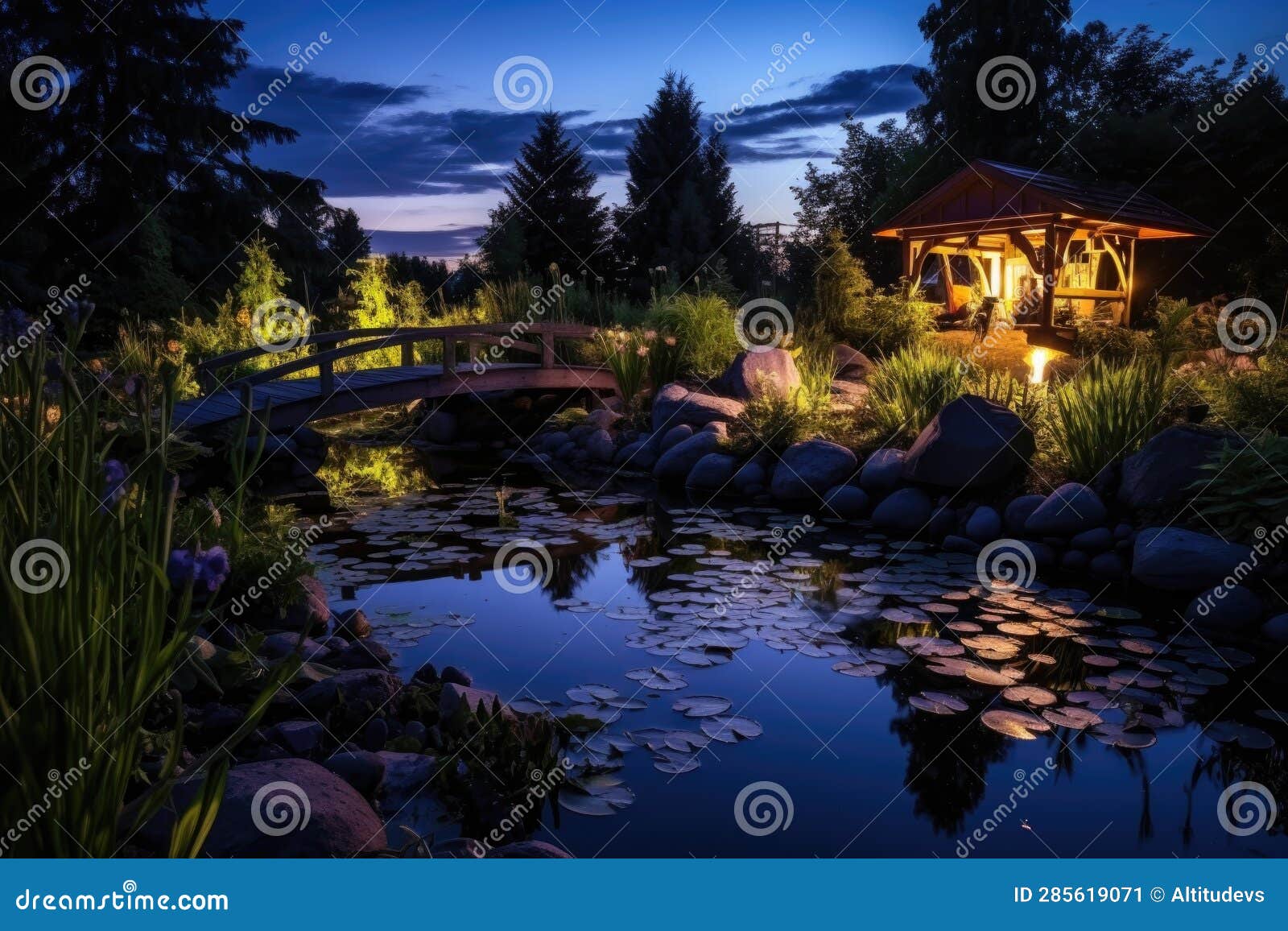 Diy Pond Lighting Setup with Led Lights in Twilight Stock Illustration ...