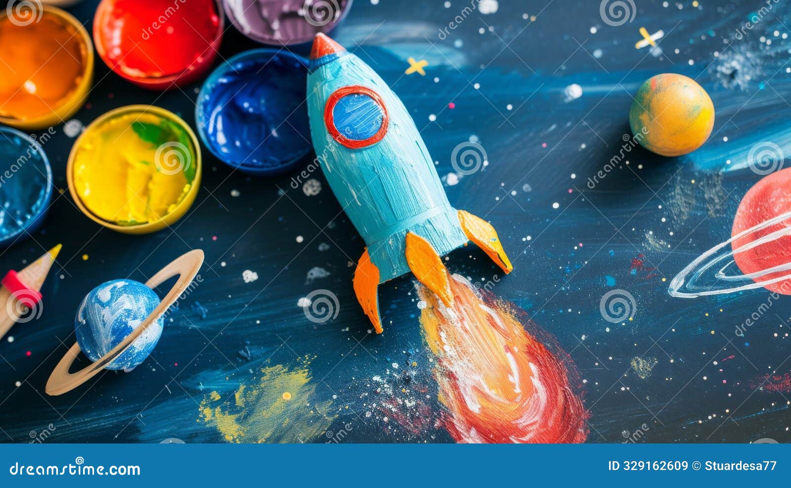 DIY Space-themed Art with Rocket and Planets Stock Image - Image of ...