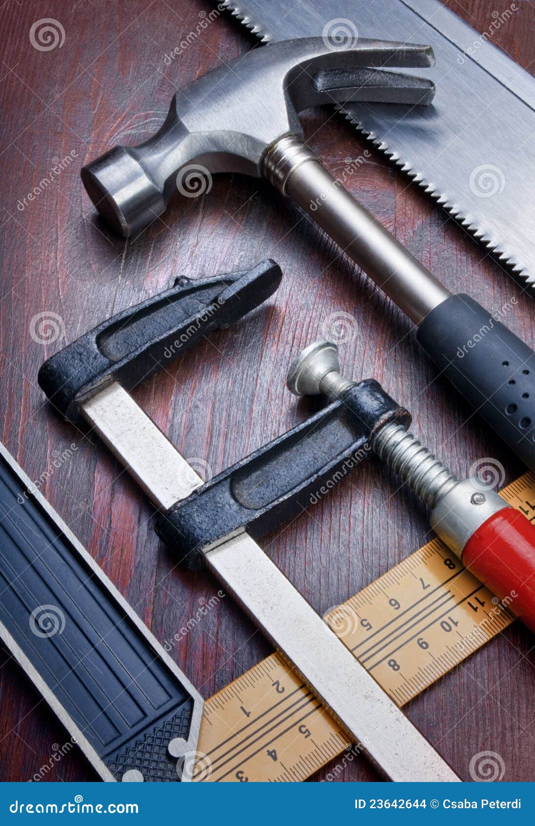 DIY Tools Over a Wood Panel Stock Photo - Image of equipment, measure ...