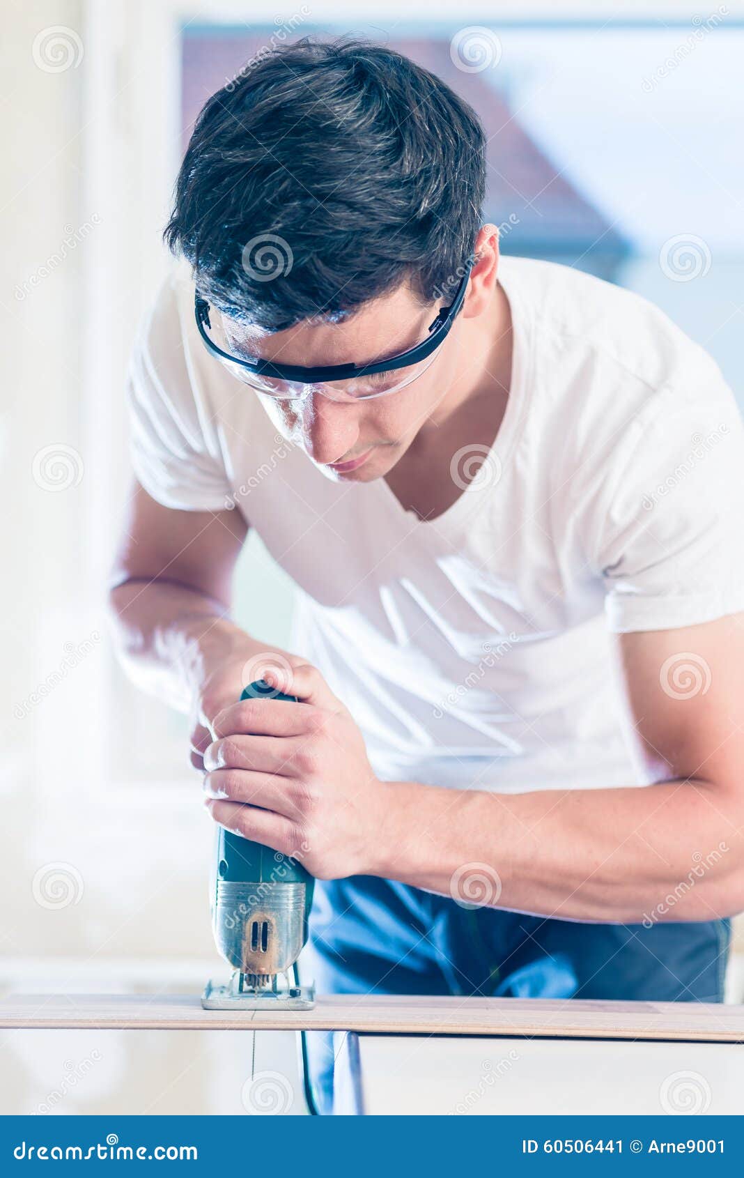 DIY Worker Cutting Wooden Panel with Jig Saw Stock Image - Image of ...