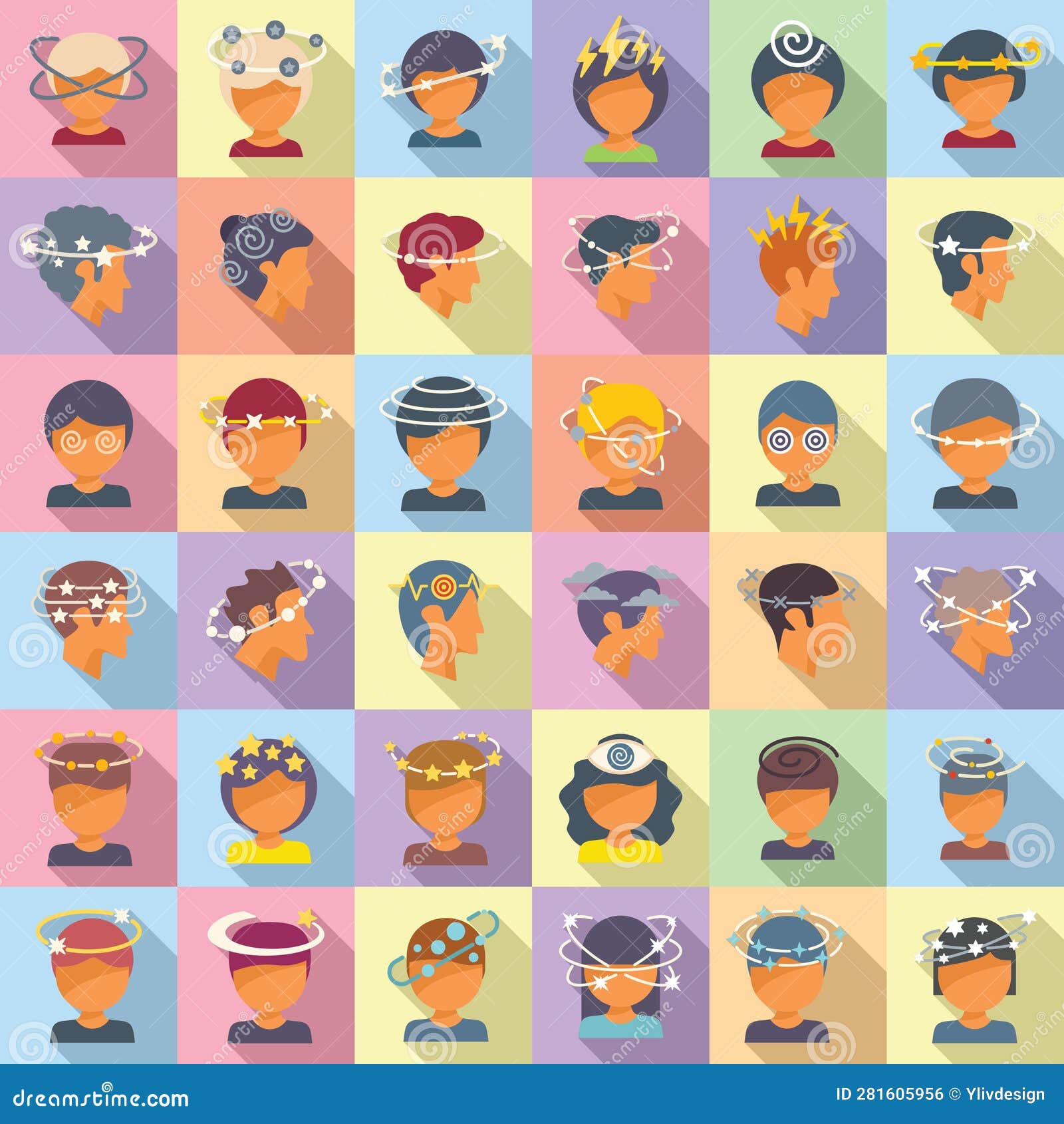 Dizziness Icons Set Flat Vector. Brain Headache Stock Vector ...