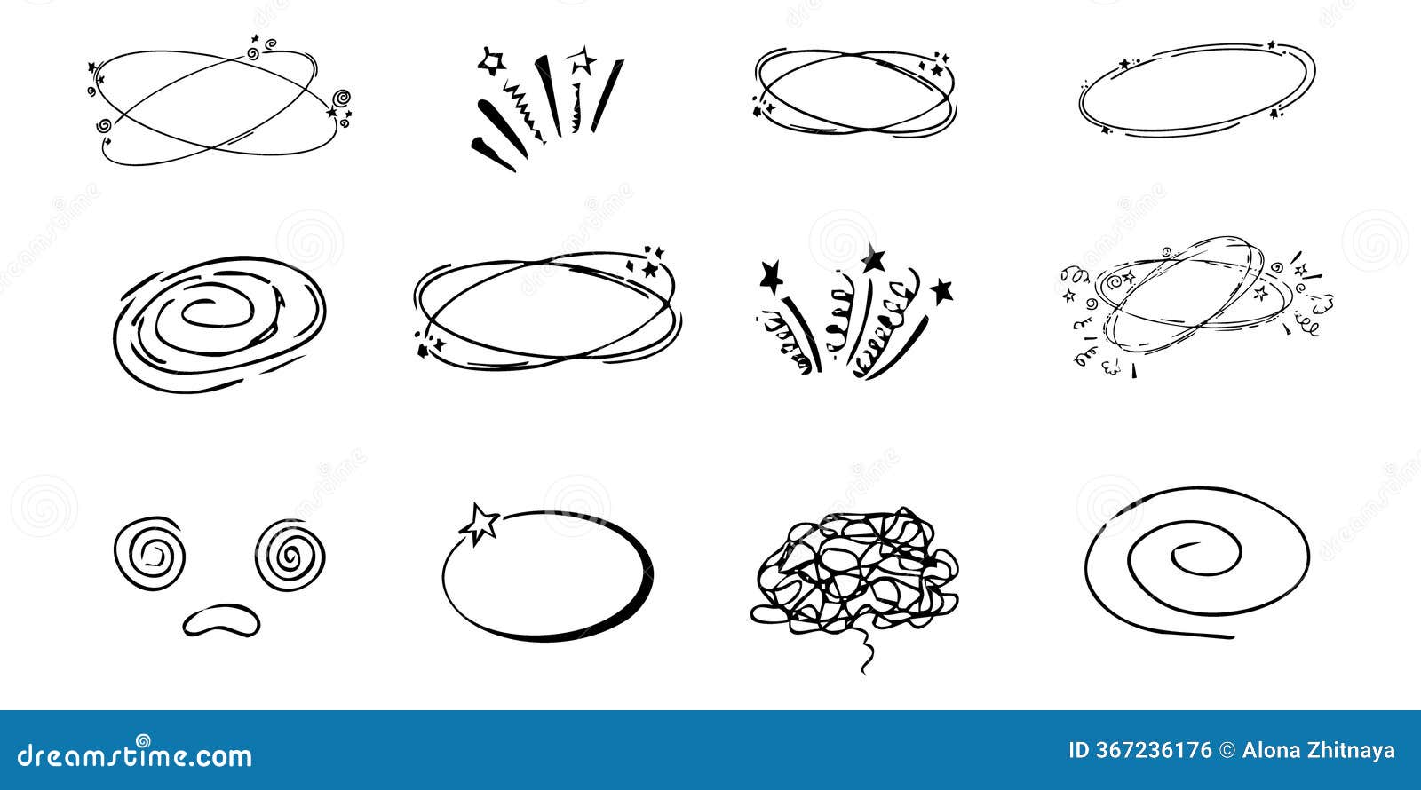 Dizzy Effect Drawing Hand Drawn Doodle Cartoon Set. Dizzy Faces, Birds ...