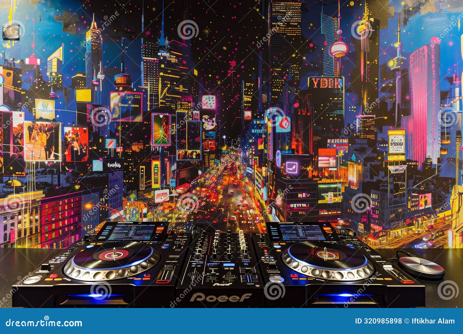 DJ Booth Set Up in Front of a Vibrant Cityscape Mural, Mural of a ...