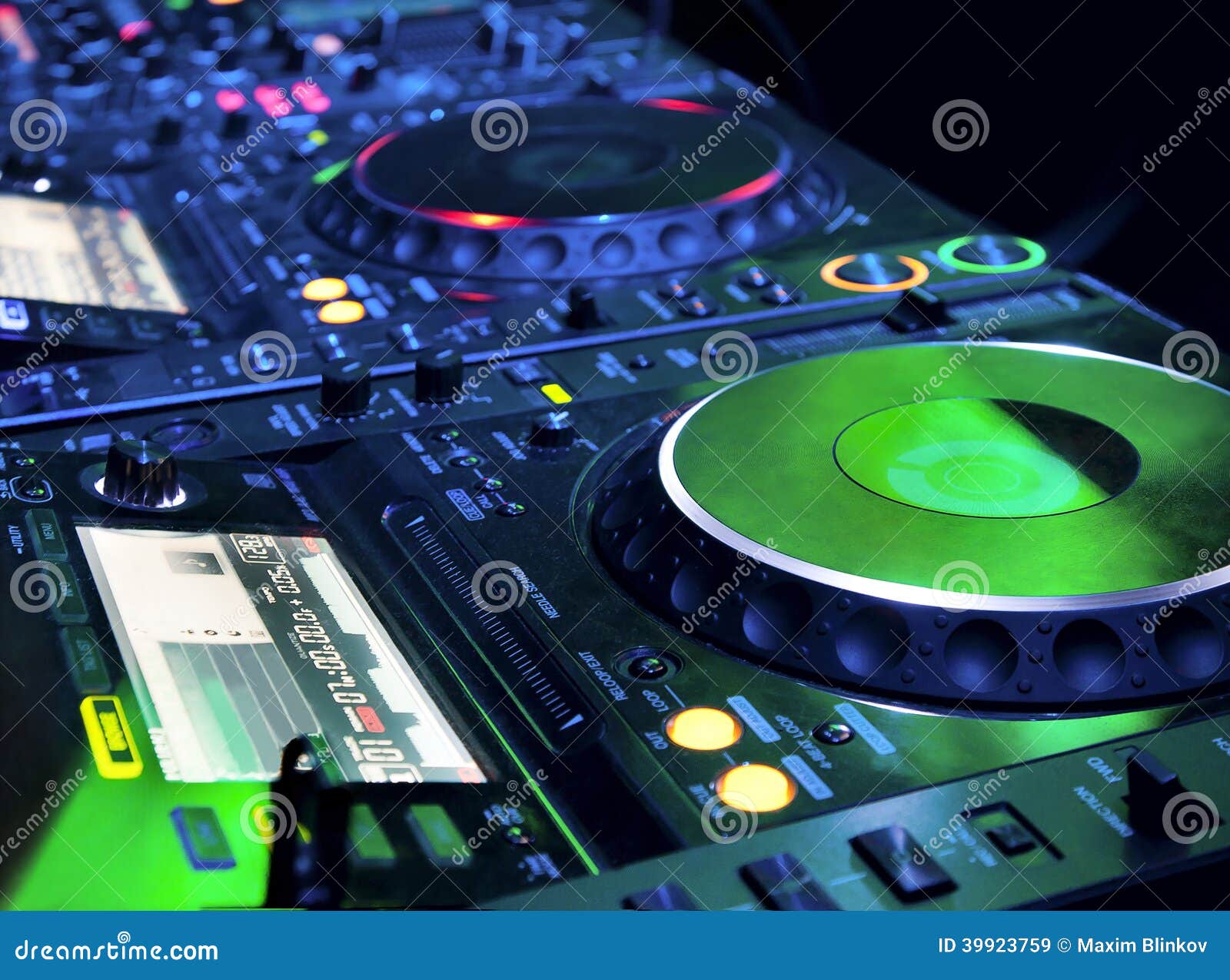 DJ CD player and mixer stock image. Image of lighting - 39923759