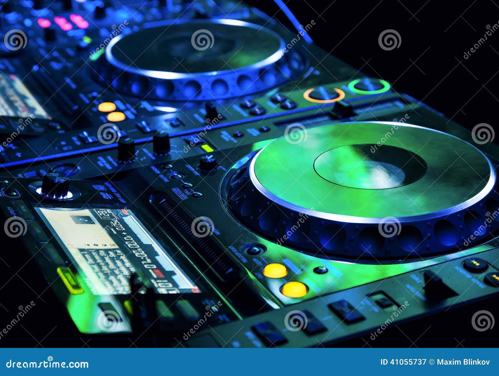 DJ CD player and mixer stock image. Image of green, party - 41055737