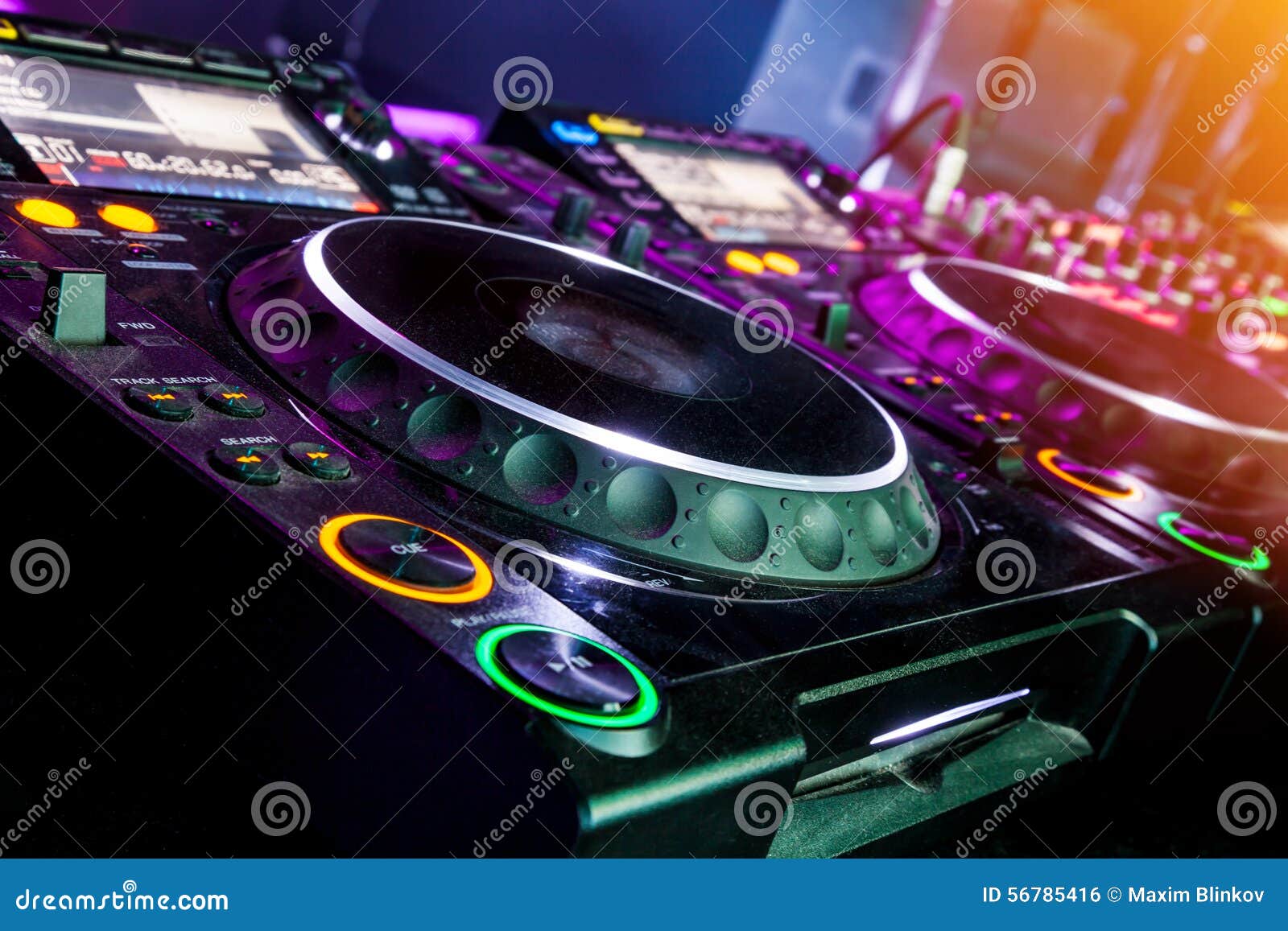 DJ CD player and mixer stock photo. Image of instrument - 56785416