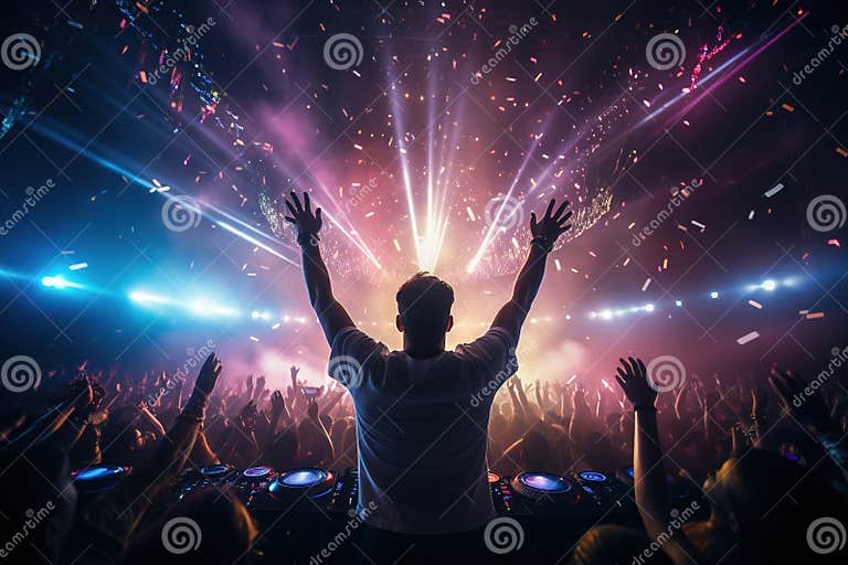 DJ at the Console with Bright Colored Lights in a Nightclub Stock Photo ...