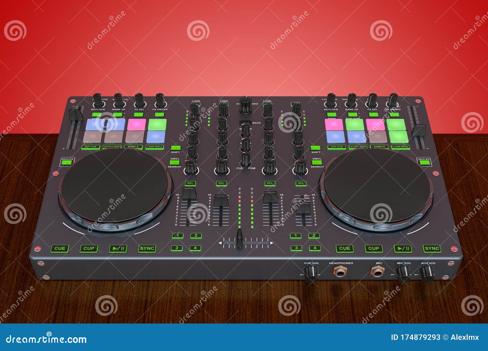 DJ Console on the Wooden Table, 3D Rendering Stock Illustration ...