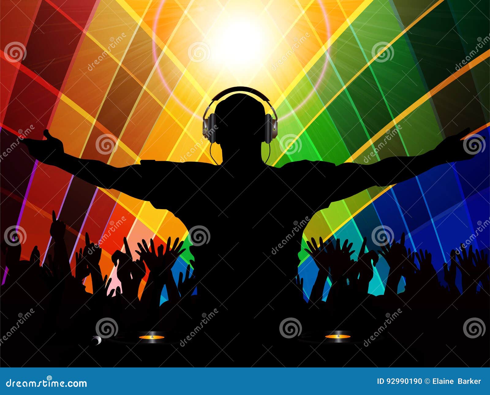 DJ And Crowd Silhouette On Multicoloured Background Stock Photo ...