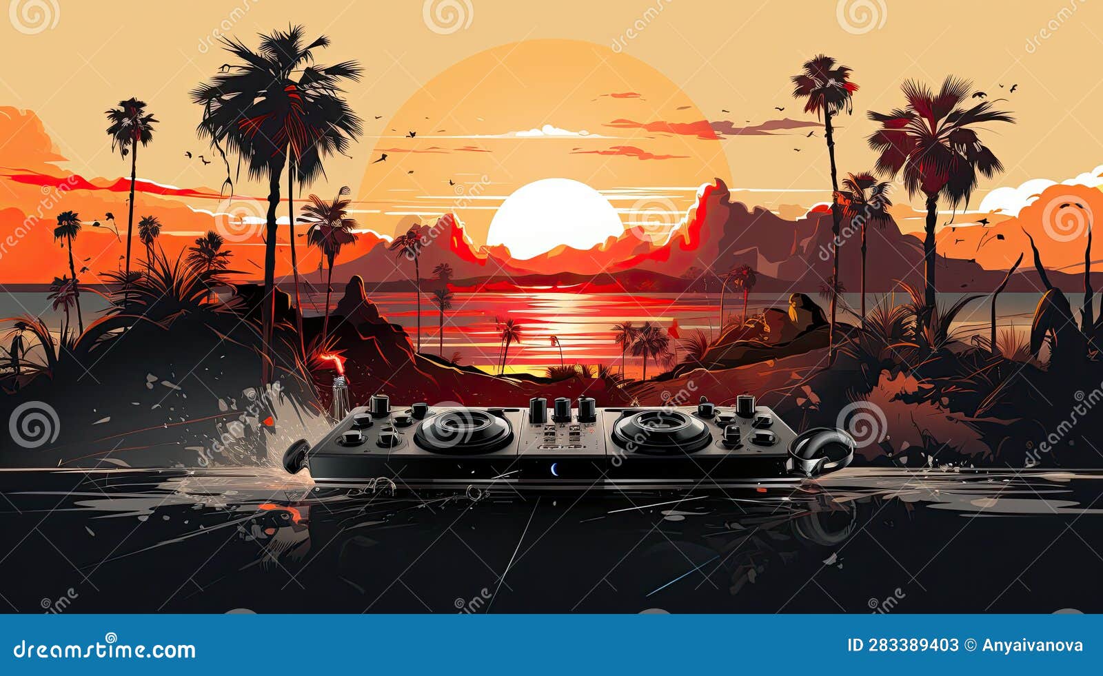 A Dj Deck in Front of a Sunset with Palm Trees. Generative AI Image ...