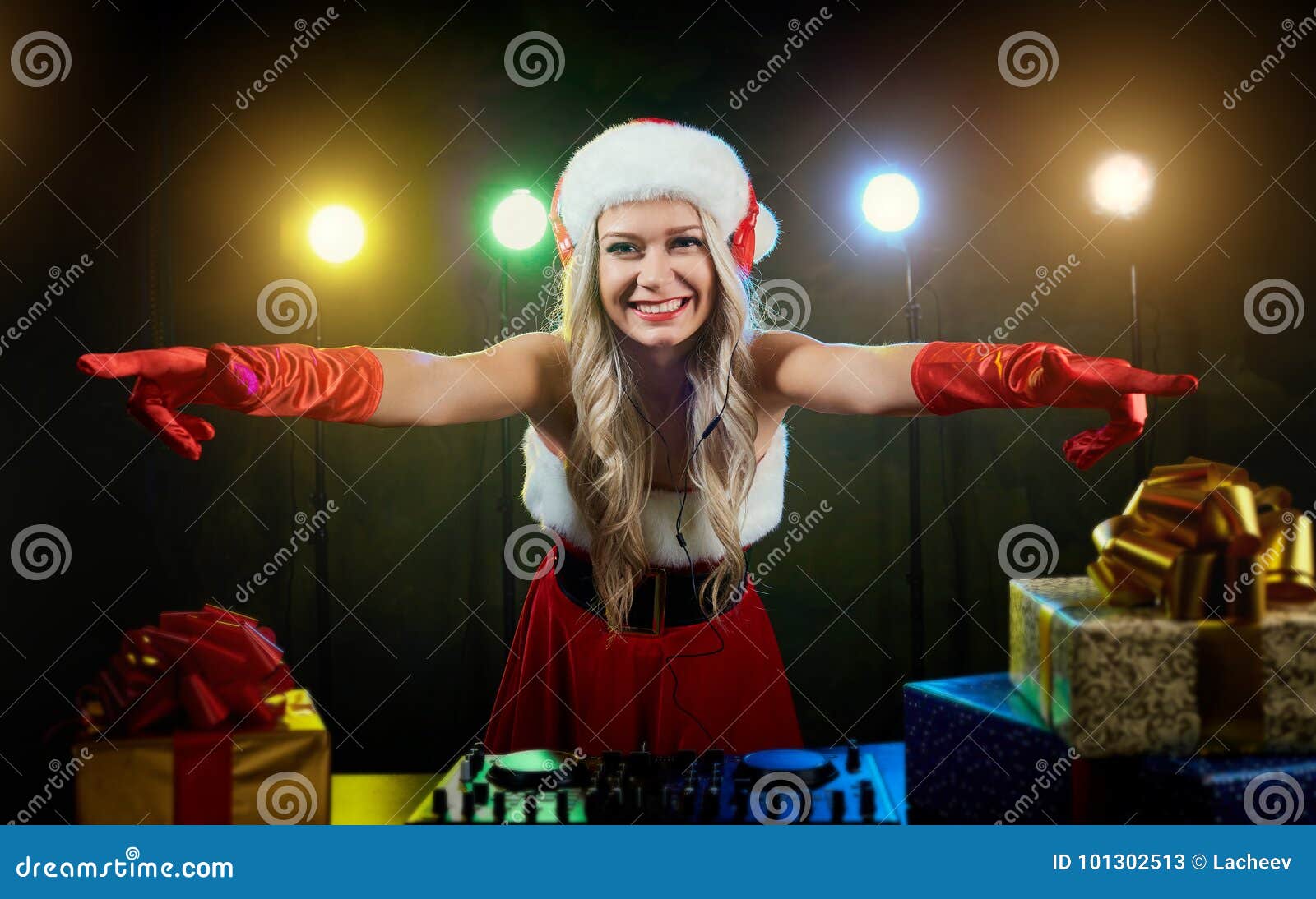 DJ Girl in a Santa Hat for Christmas. Stock Image - Image of cool ...
