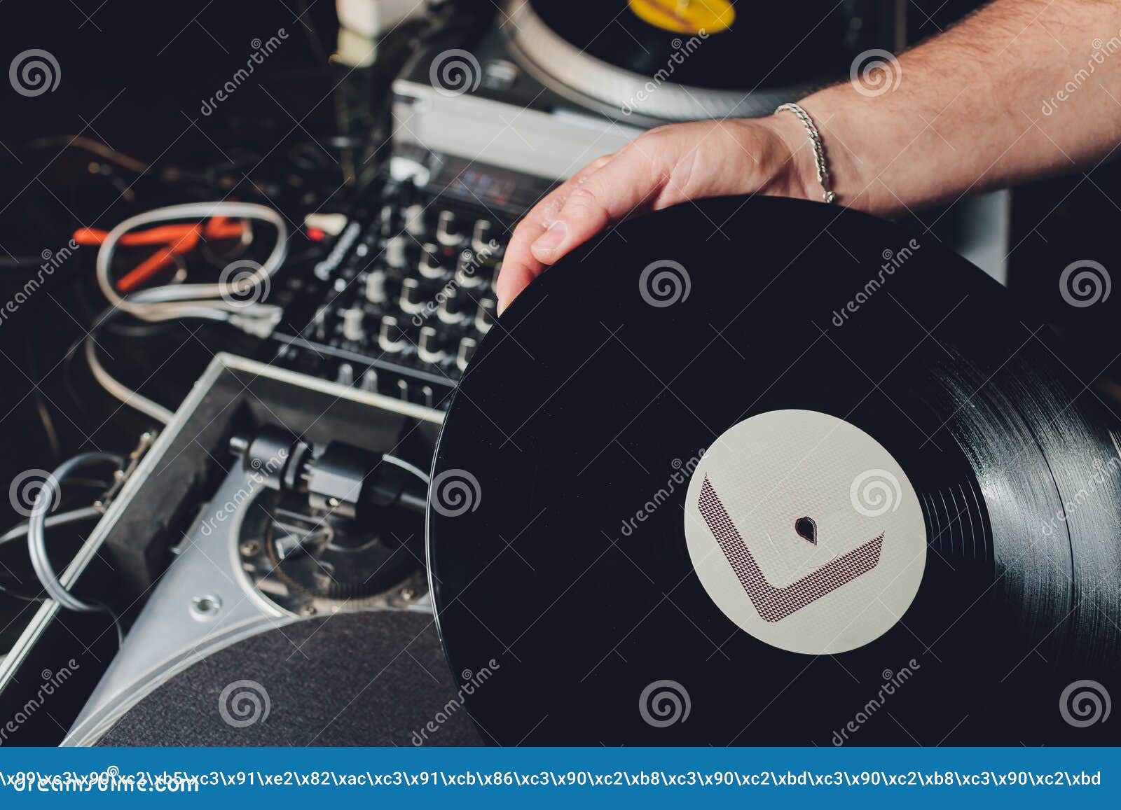 Dj Hands on Equipment Deck and Mixer with Vinyl Record at Party. Stock ...