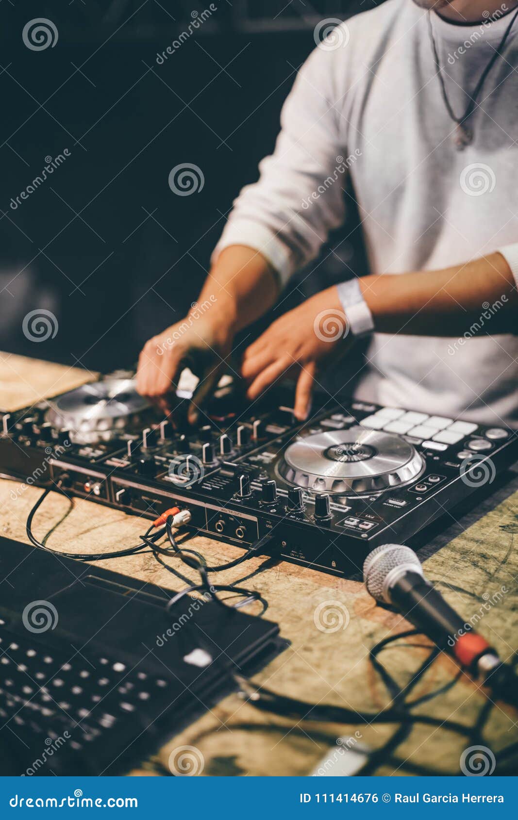 DJ Hands Playing Mixing Music at Night Party. Stock Photo - Image of ...