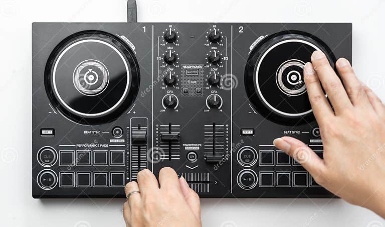 Dj Hands Scratching and Mixing Digital Dj Deck Controller, Topview ...