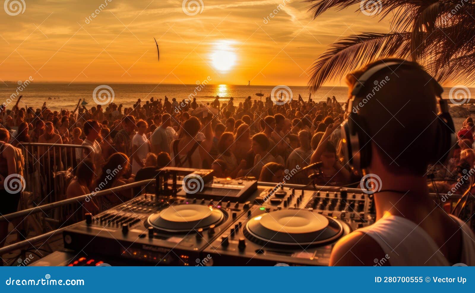DJ Mixing at a Beach Party with a Crowd. Generative AI. Stock ...