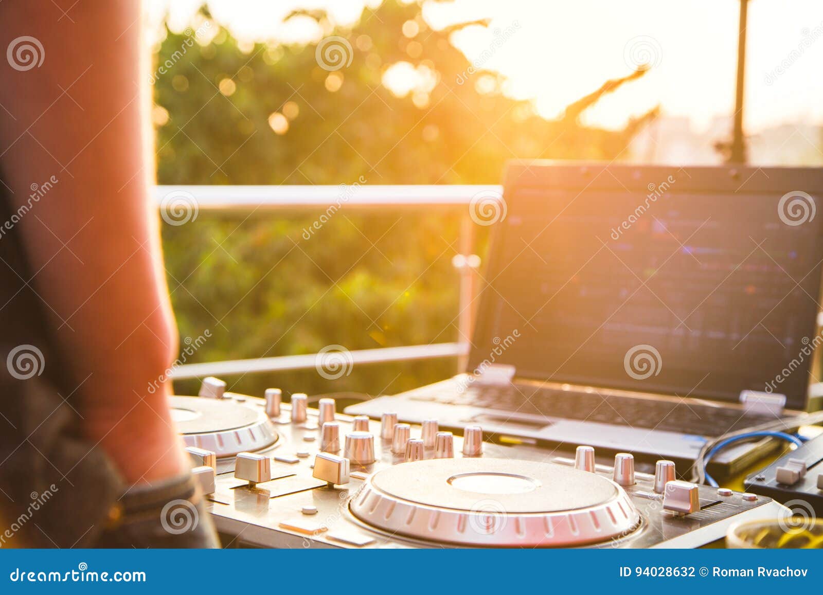 Dj mixing music outdoor. stock photo. Image of headphone - 94028632