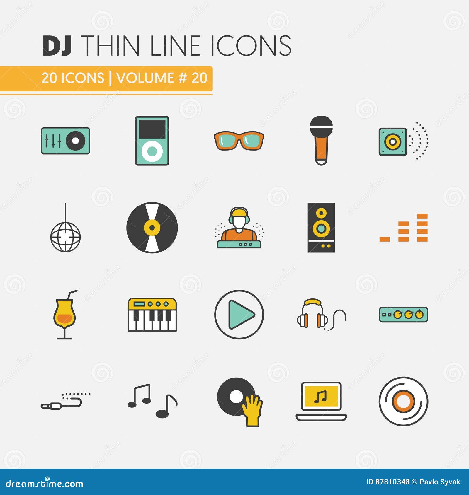 DJ Music Party Linear Thin Icons Set with Musical Instruments Stock ...