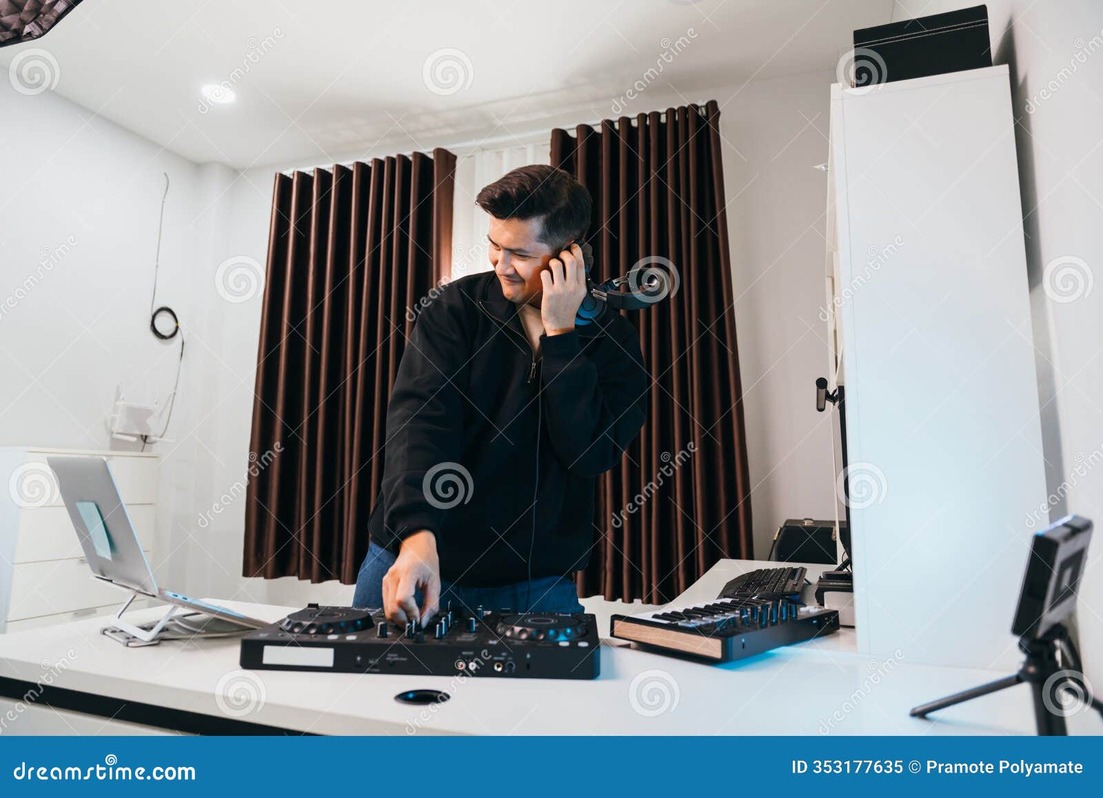 A DJ Operating a High-tech Mixer Console in a Vibrant Disco, Neon ...
