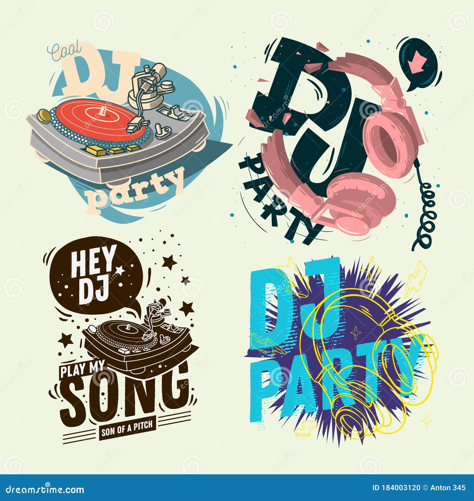 Dj Party Hand Lettering Vector Illustrations Set Designs. Stock Vector ...