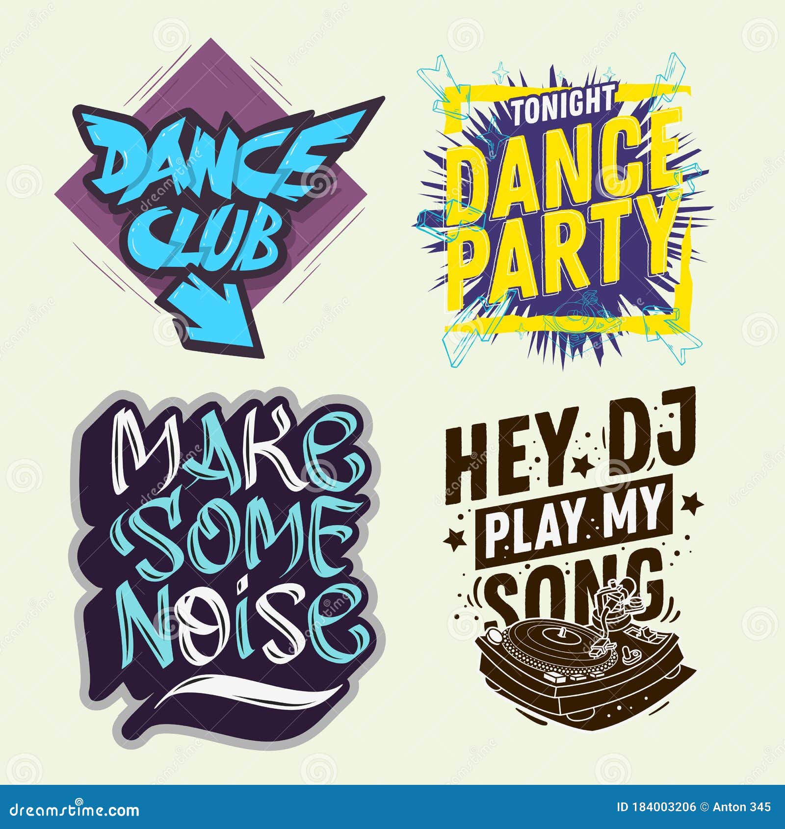 Dj Party Hand Lettering Vector Illustrations Set Designs. Stock Vector ...