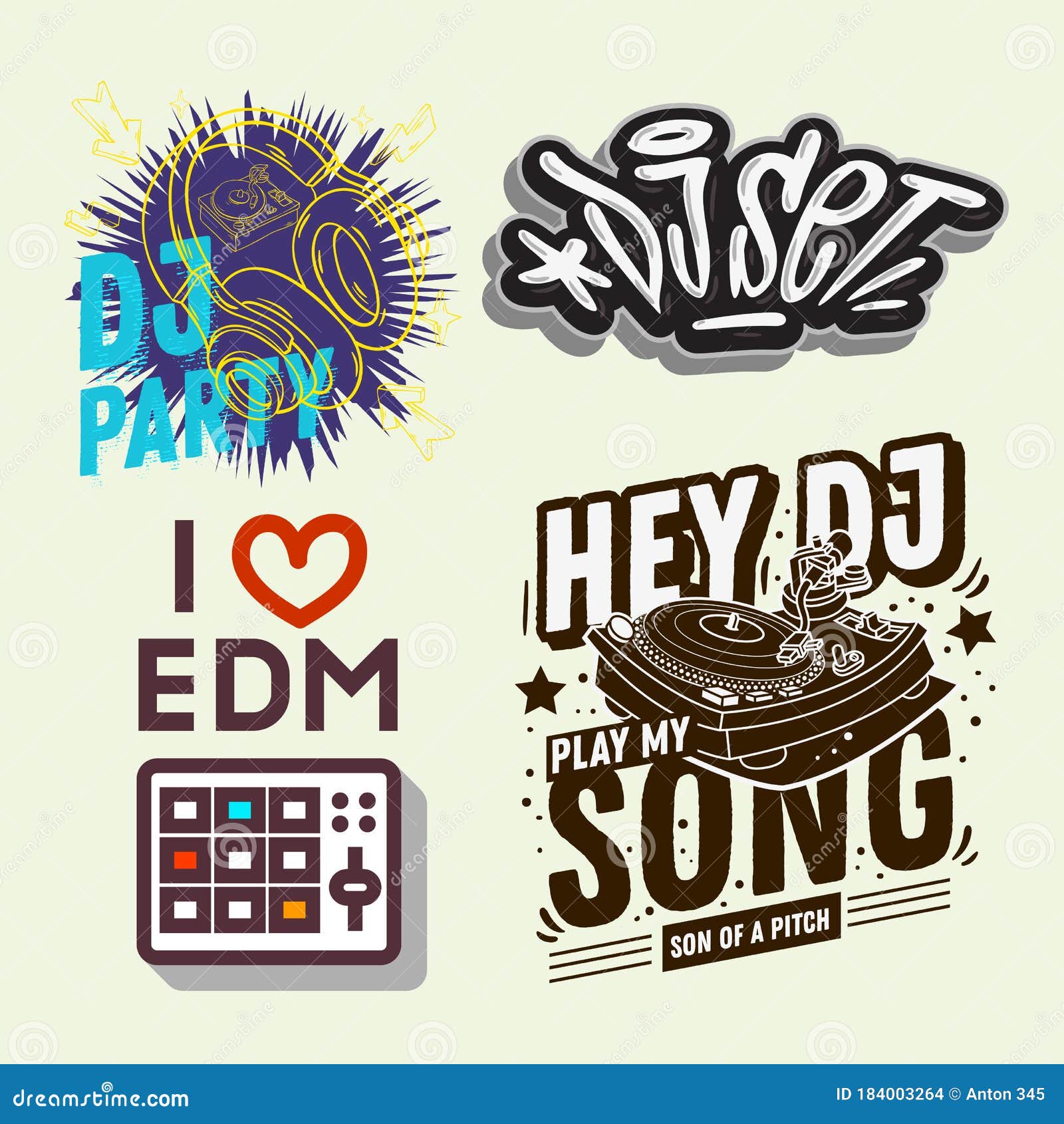 Dj Party Hand Lettering Vector Illustrations Set Designs. Stock Vector ...