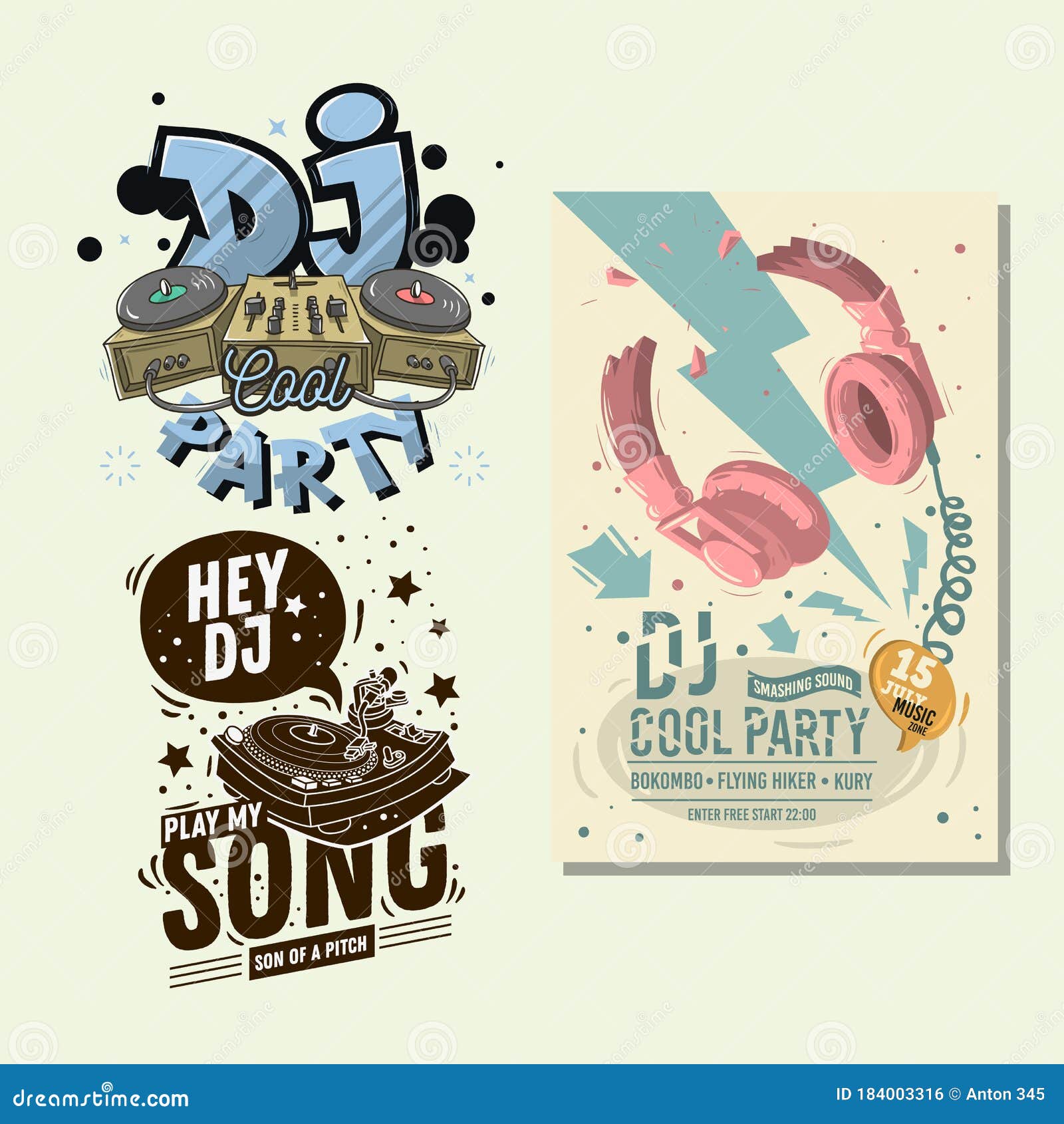 Dj Party Hand Lettering Vector Illustrations Set Designs. Stock Vector ...