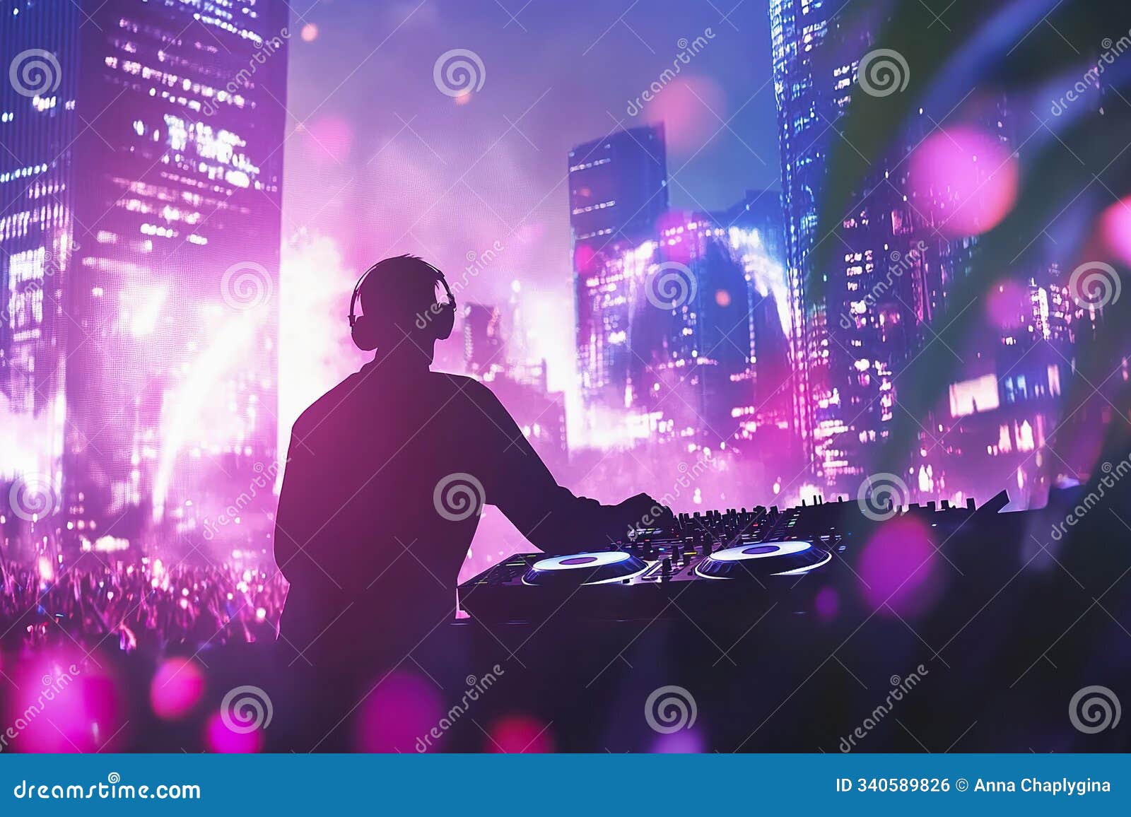 DJ Performing at Night with City Skyline and Vibrant Lights in ...