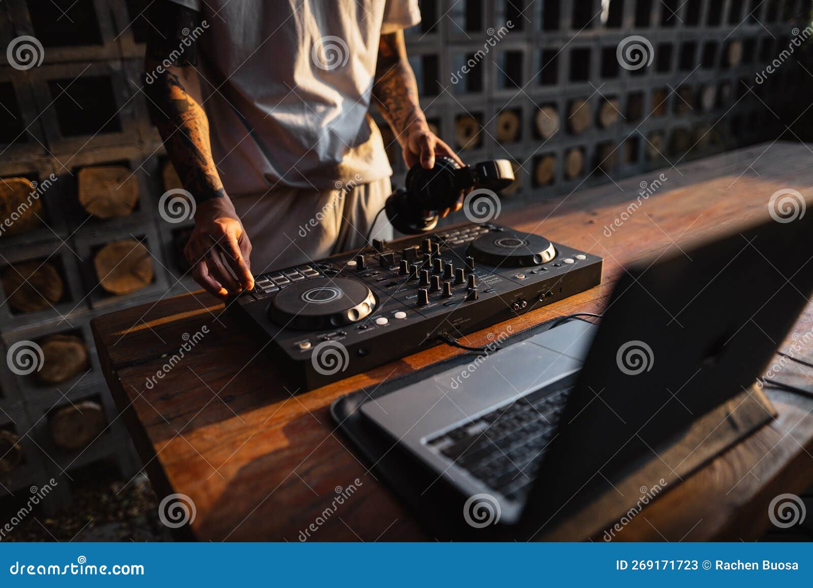 DJ Playing Music,Man Using Mixing Desk at Party Out in the Evening ...