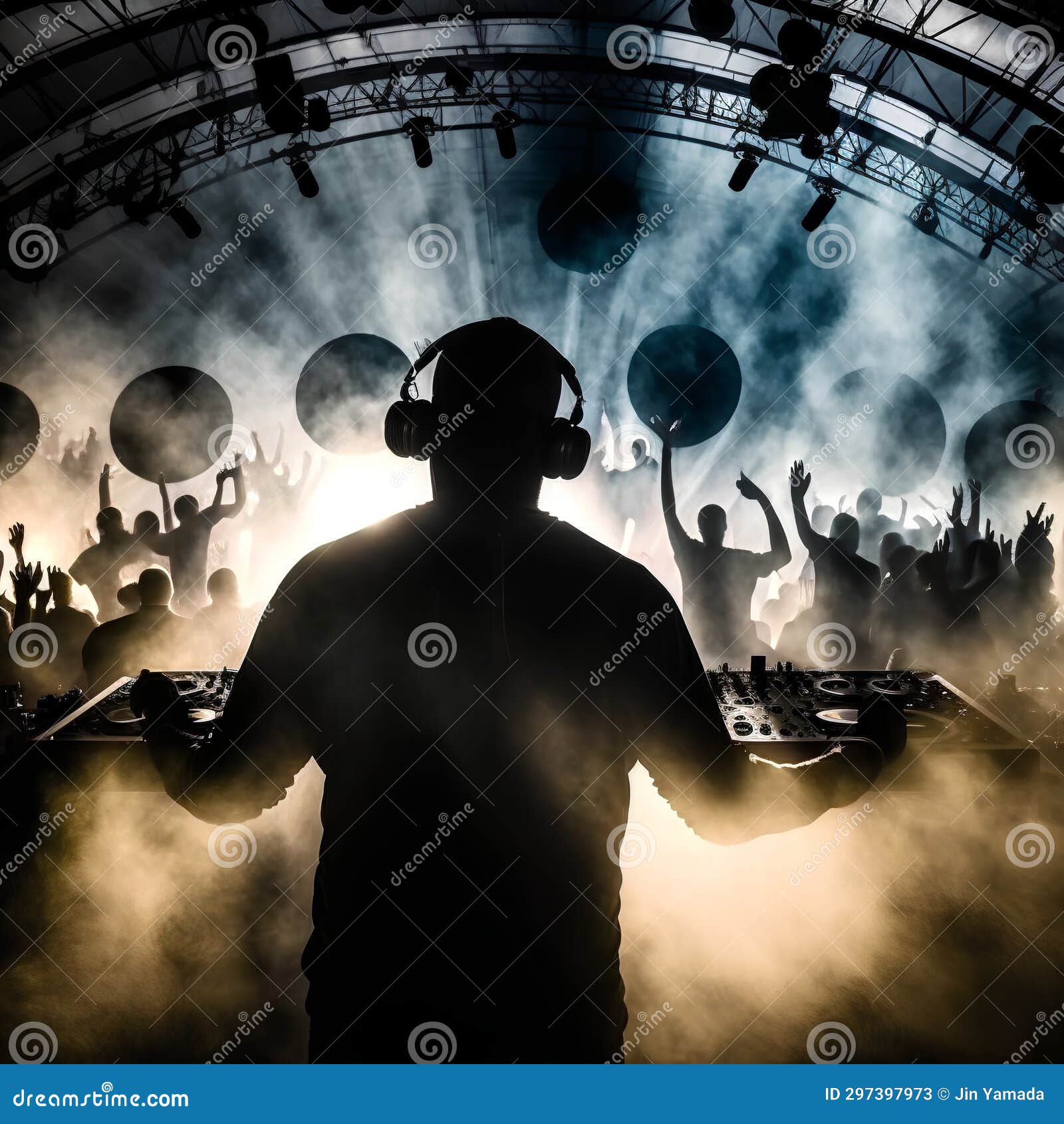 DJ Playing Music on Stage with Lights and Smoke in the Background ...