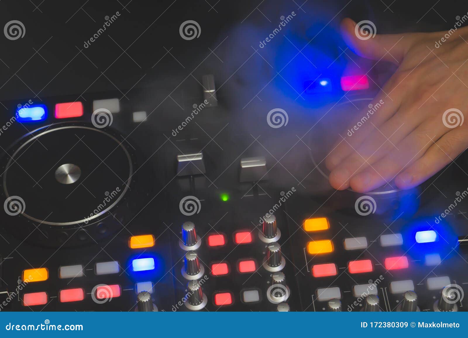 DJ Plays Music. Sound Mixer Controller with Knobs and Sliders. Hands on ...