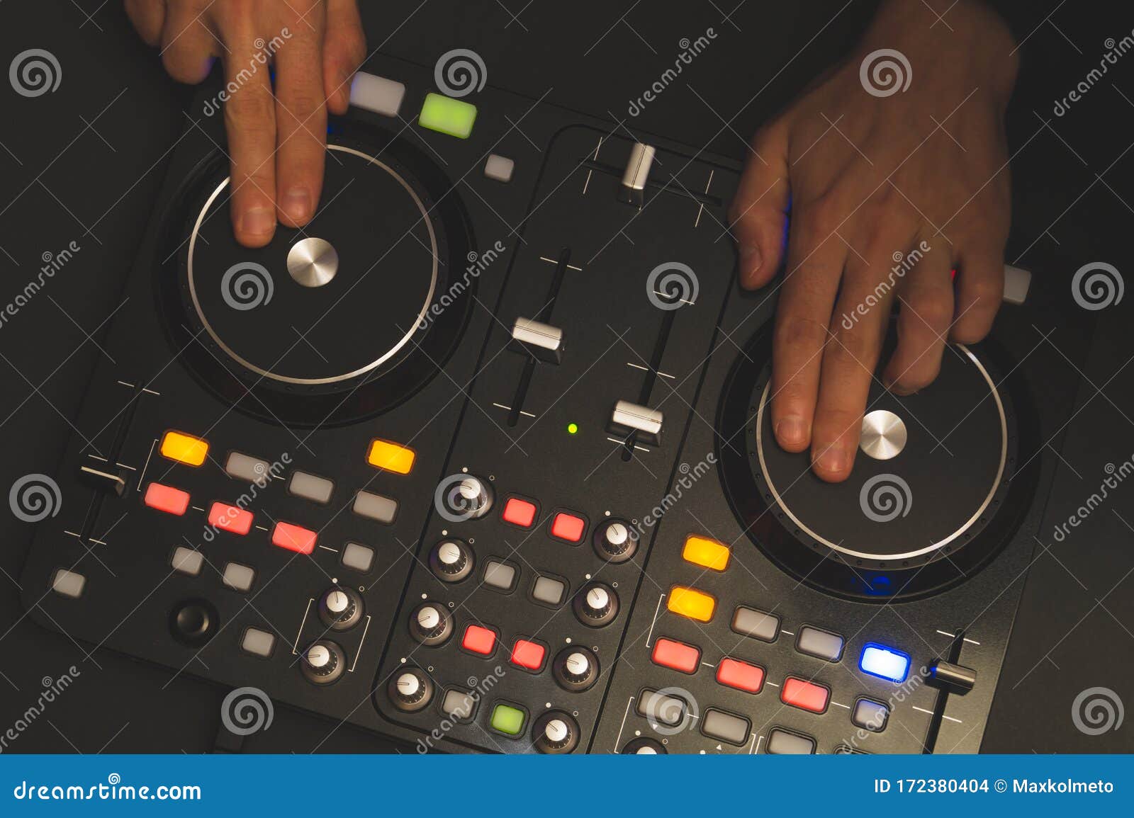 DJ Plays Music. Sound Mixer Controller with Knobs and Sliders. Hands on ...