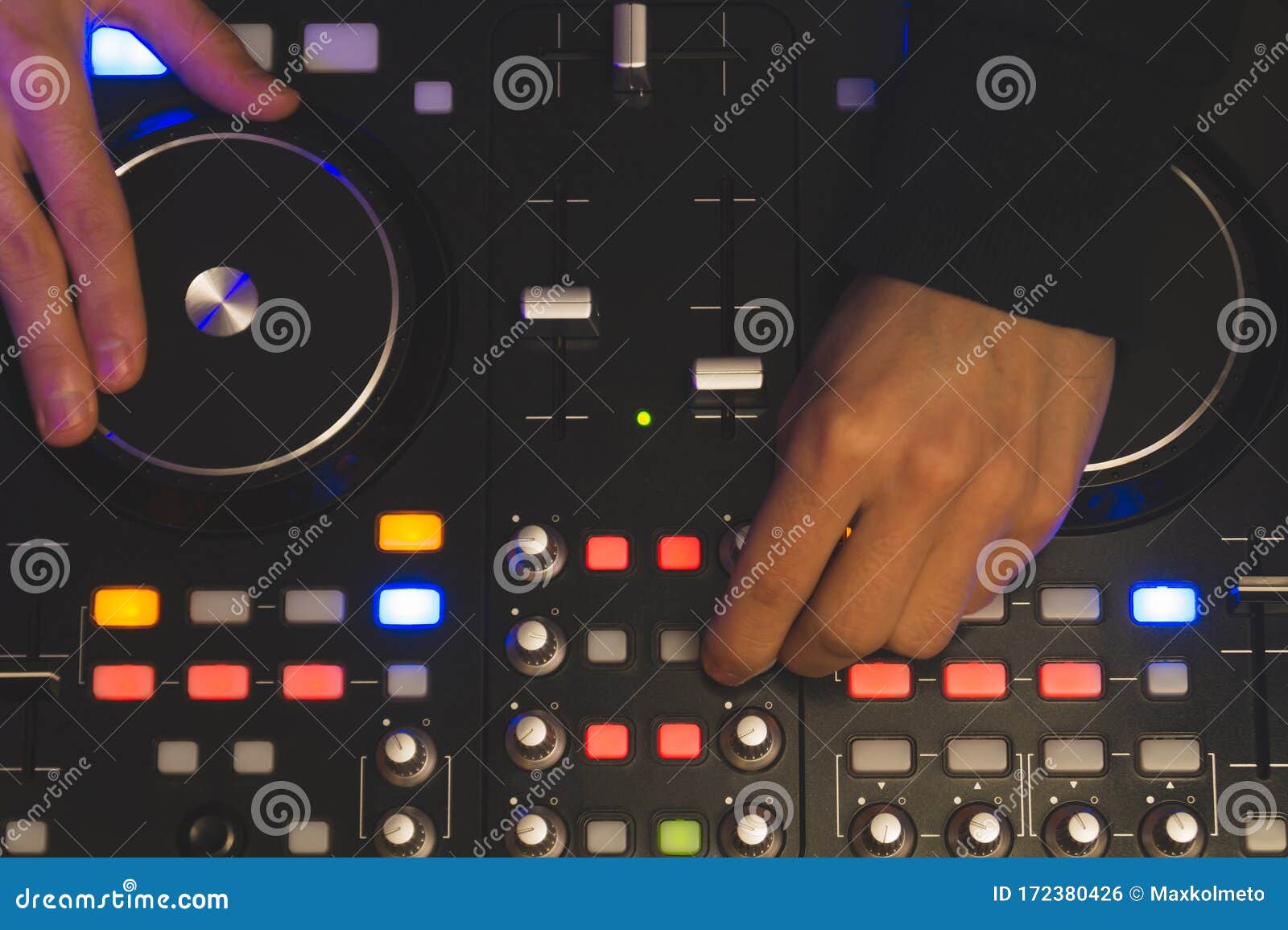 DJ Plays Music. Sound Mixer Controller with Knobs and Sliders. Hands on ...