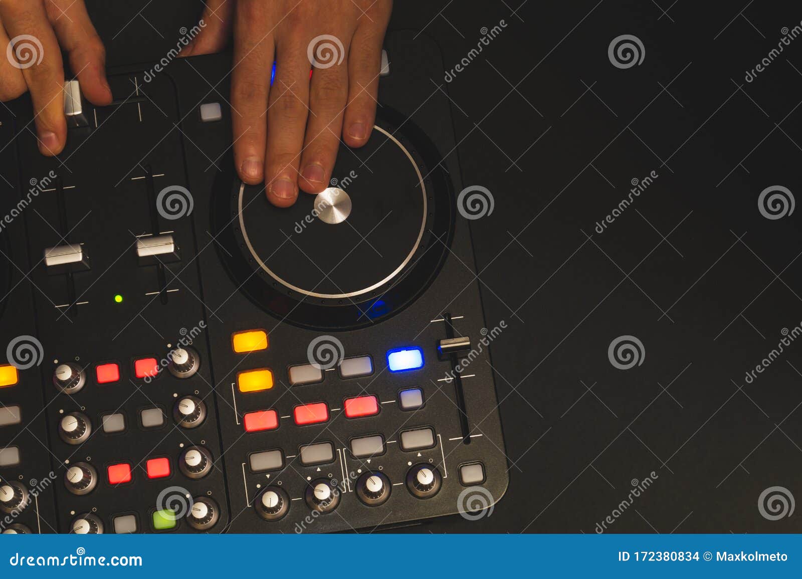 DJ Plays Music. Sound Mixer Controller with Knobs and Sliders. Hands on ...