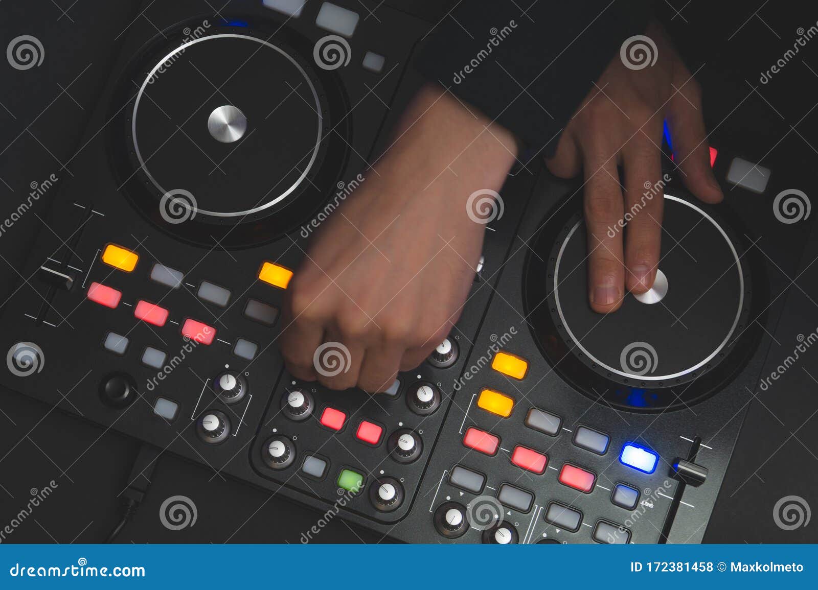 DJ Plays Music. Sound Mixer Controller with Knobs and Sliders. Hands on ...