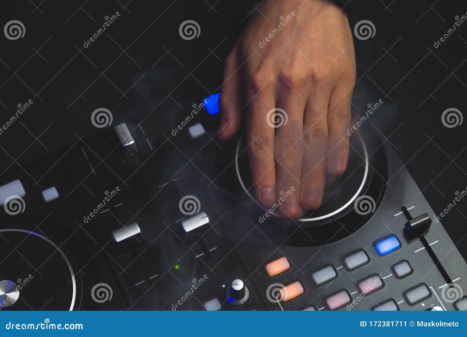 DJ Plays Music. Sound Mixer Controller with Knobs and Sliders. Hands on ...