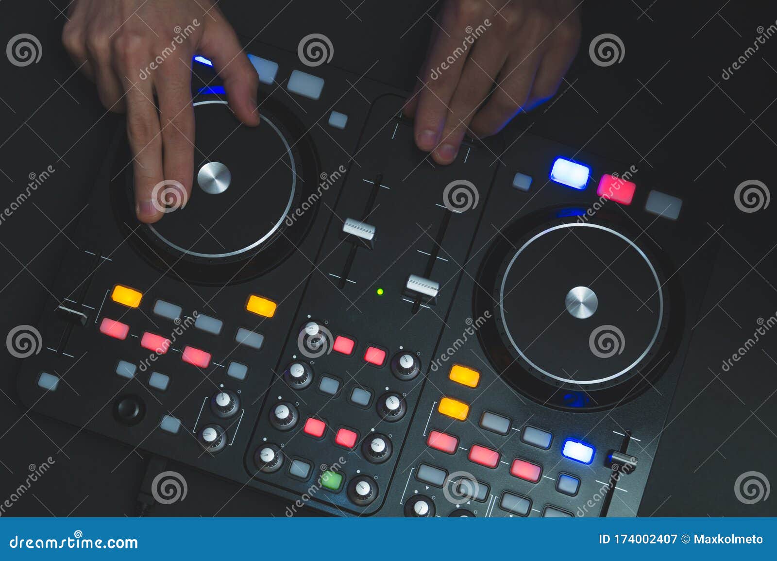 DJ Plays Music. Sound Mixer Controller with Knobs and Sliders. Hands on ...
