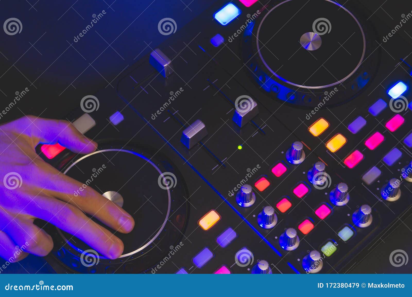 DJ Plays Music. Sound Mixer Controller with Knobs and Sliders. Hands on ...