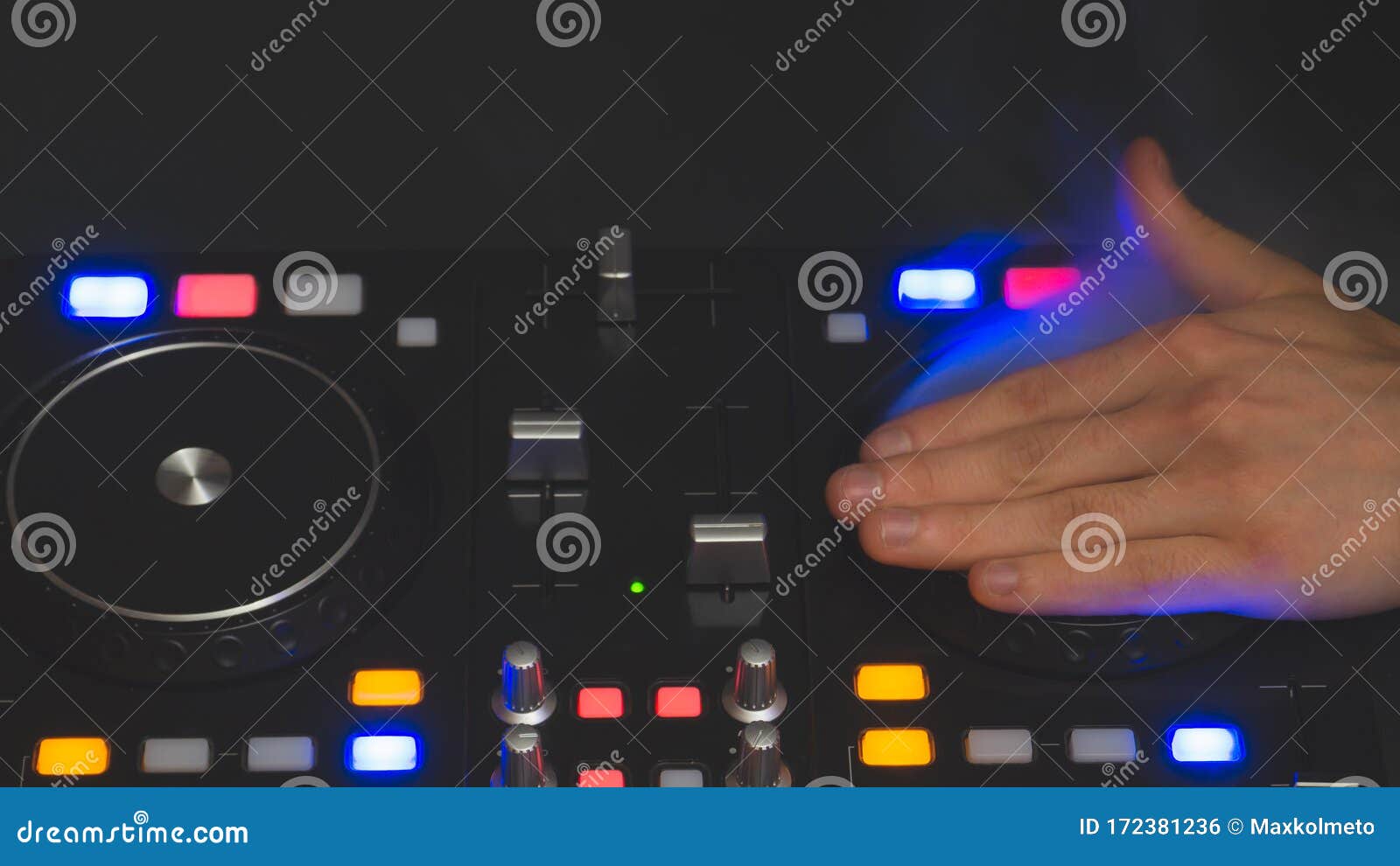 DJ Plays Music. Sound Mixer Controller with Knobs and Sliders. Hands on ...