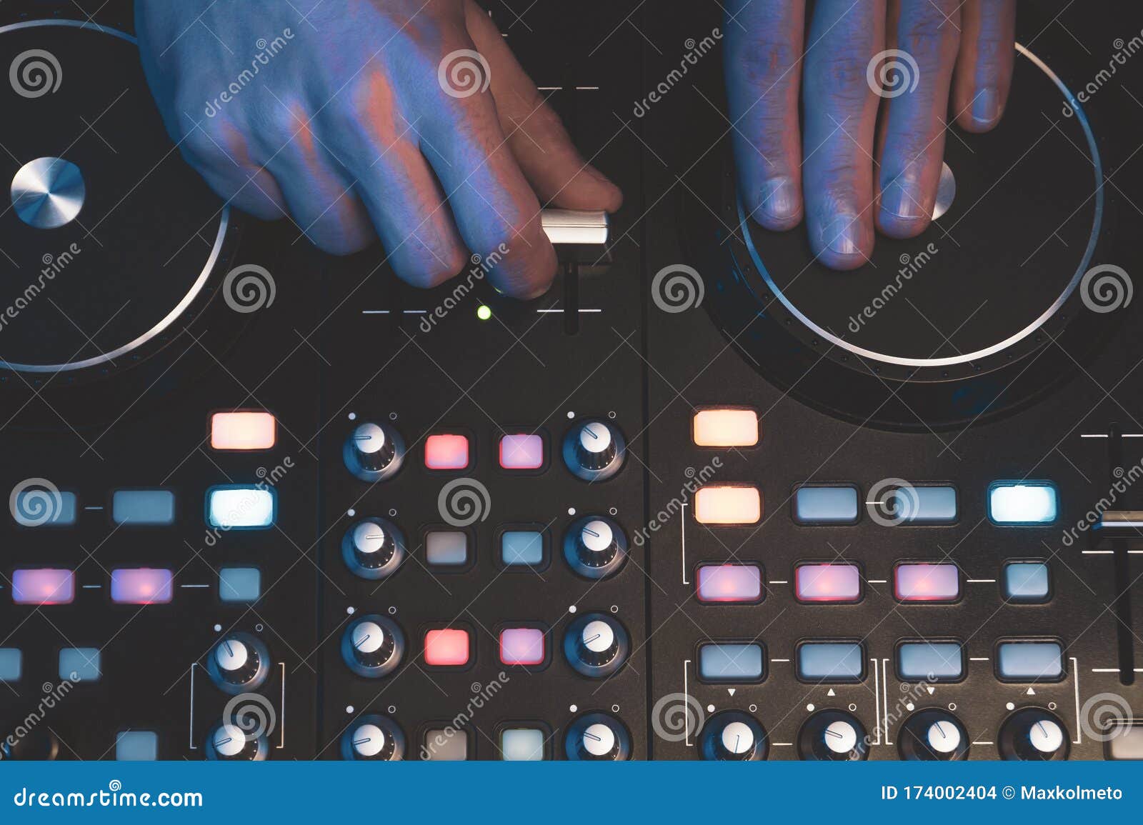 DJ Plays Music. Sound Mixer Controller with Knobs and Sliders. Hands on ...