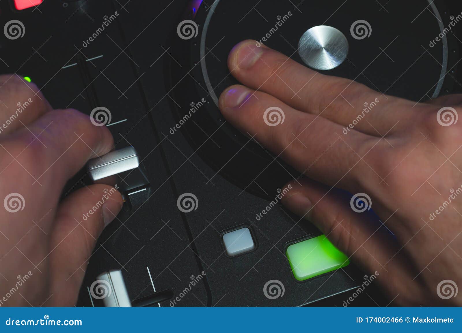 DJ Plays Music. Sound Mixer Controller with Knobs and Sliders. Hands on ...