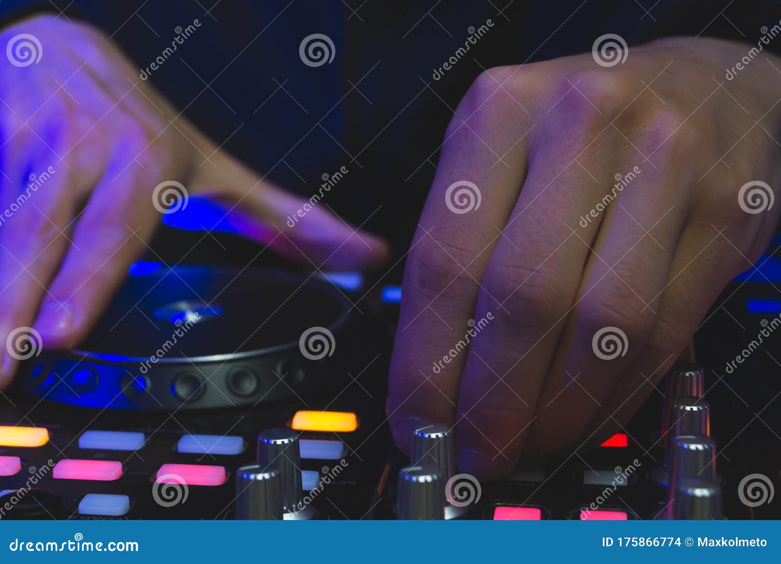 DJ Plays Music. Sound Mixer Controller with Knobs and Sliders. Hands on ...