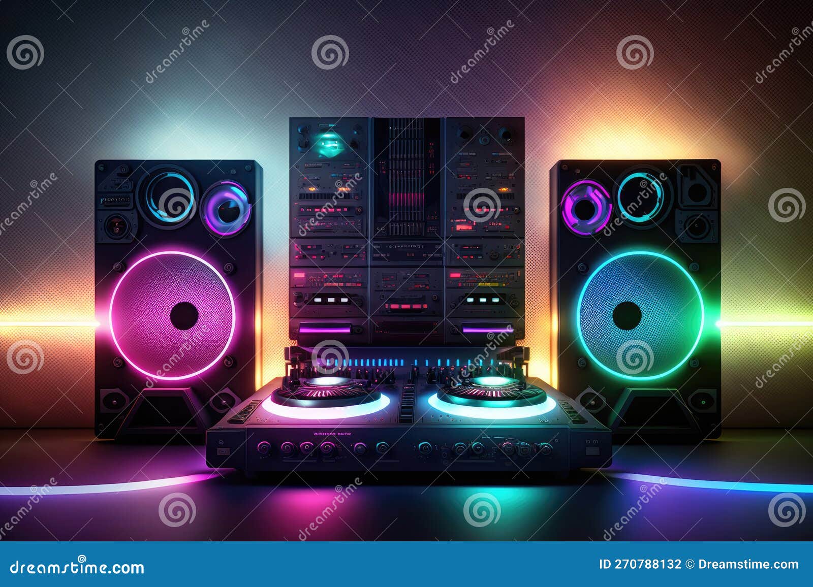 DJ Set with Mixer Lit from Behind with Neon Lights Stock Illustration ...