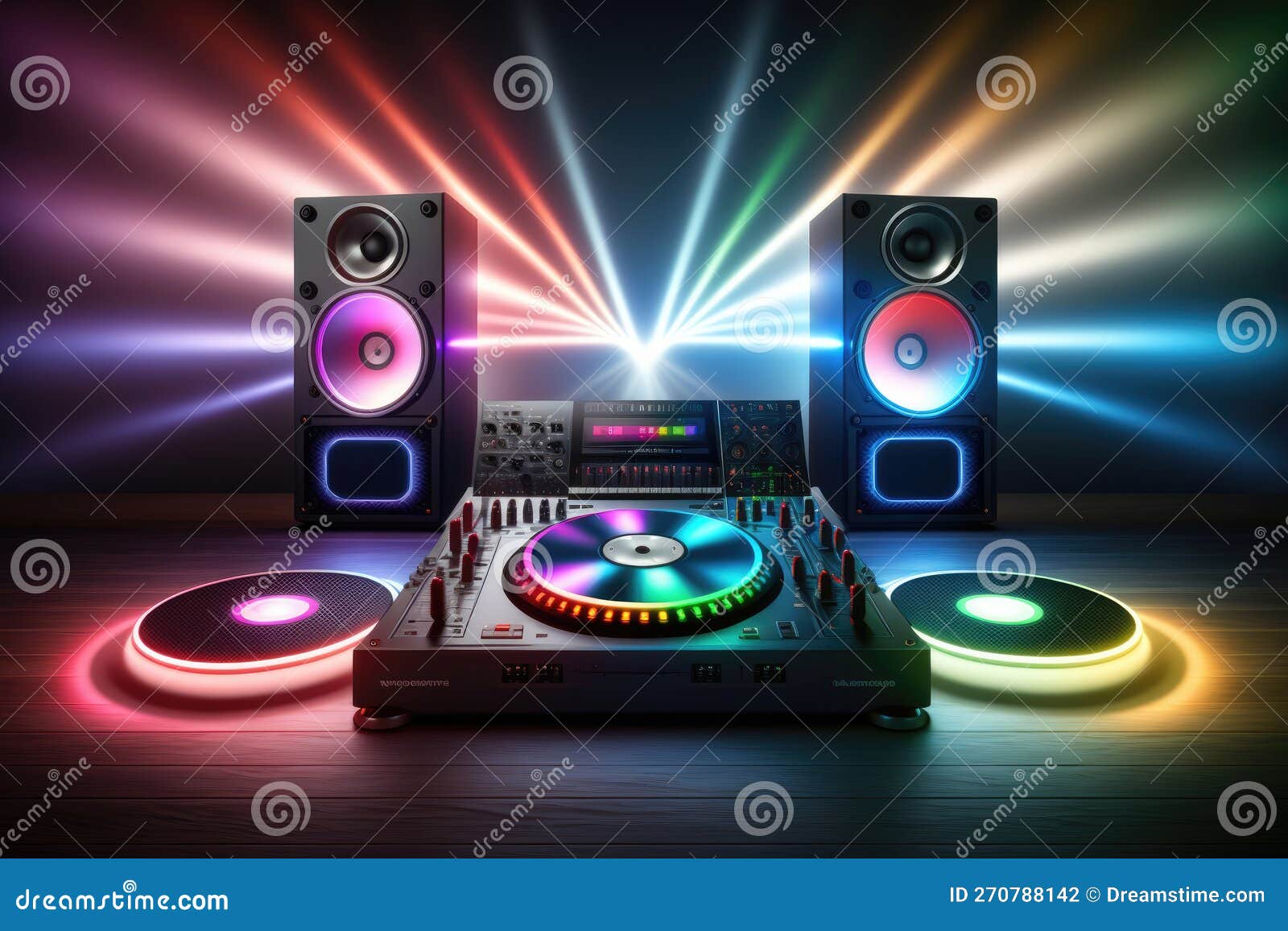 DJ Set with Mixer Lit from Behind with Neon Lights Stock Illustration ...