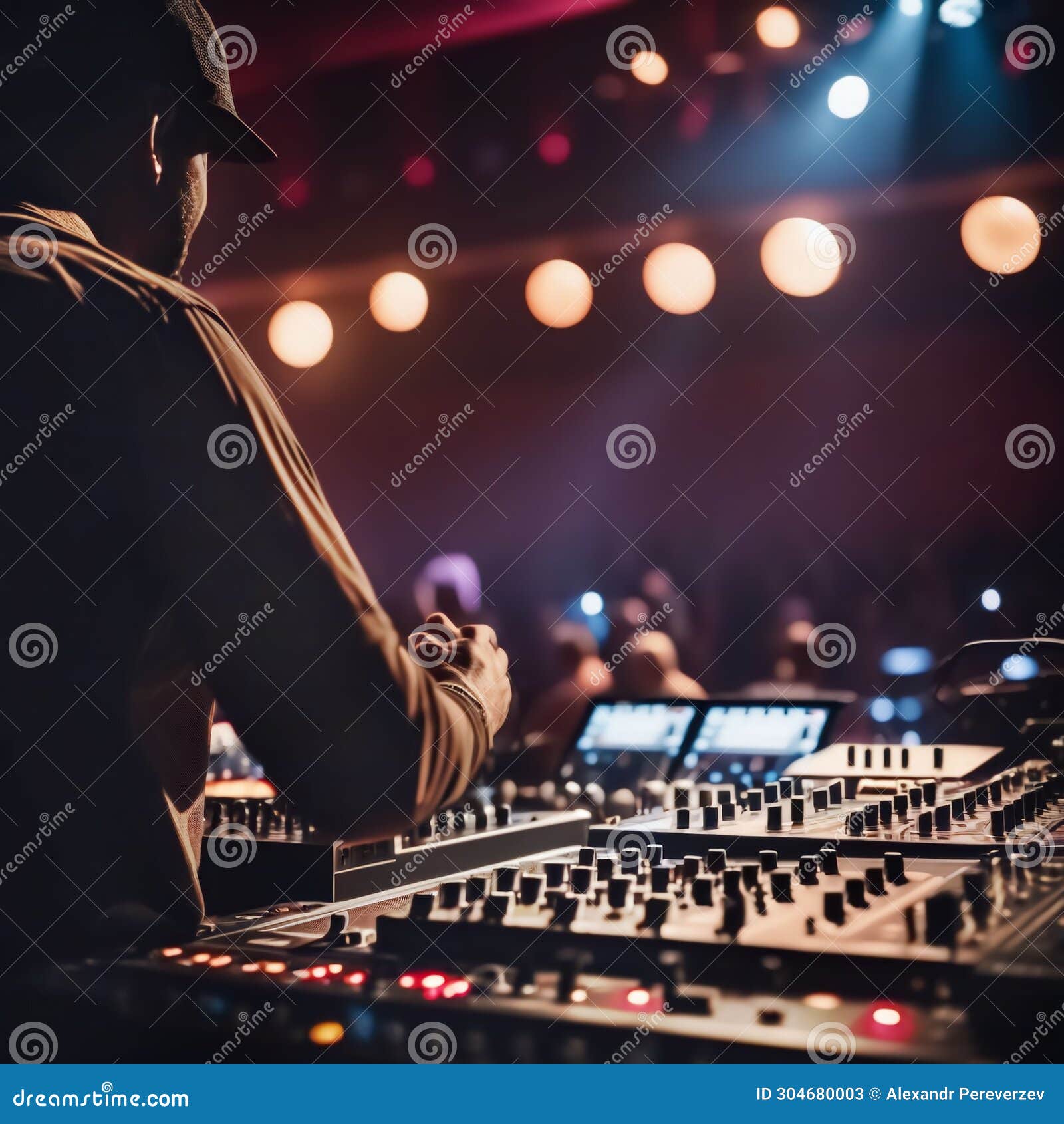 DJ Stands at the Control Panel at the Disco Stock Illustration ...