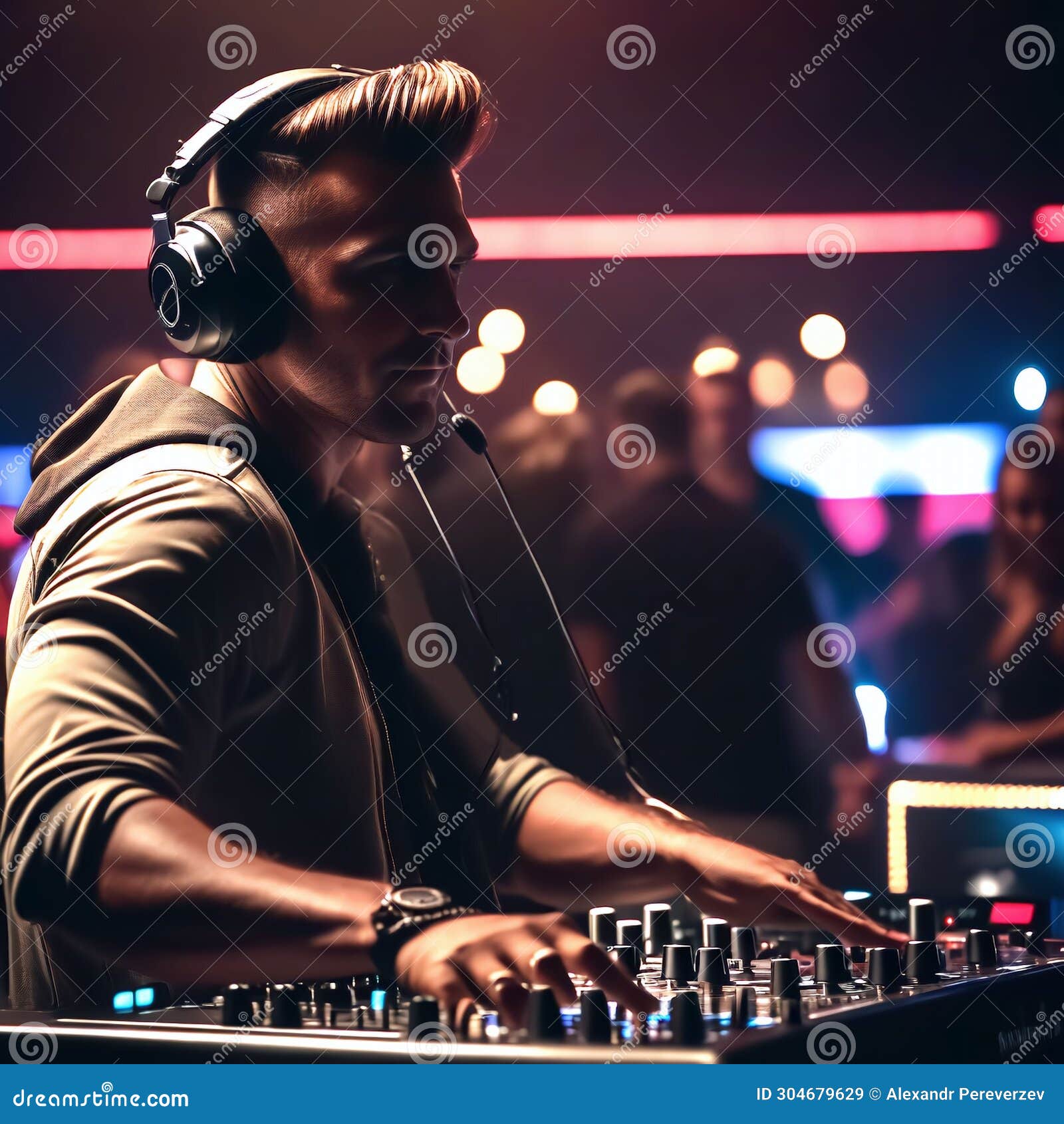 DJ Stands at the Control Panel at the Disco Stock Illustration ...