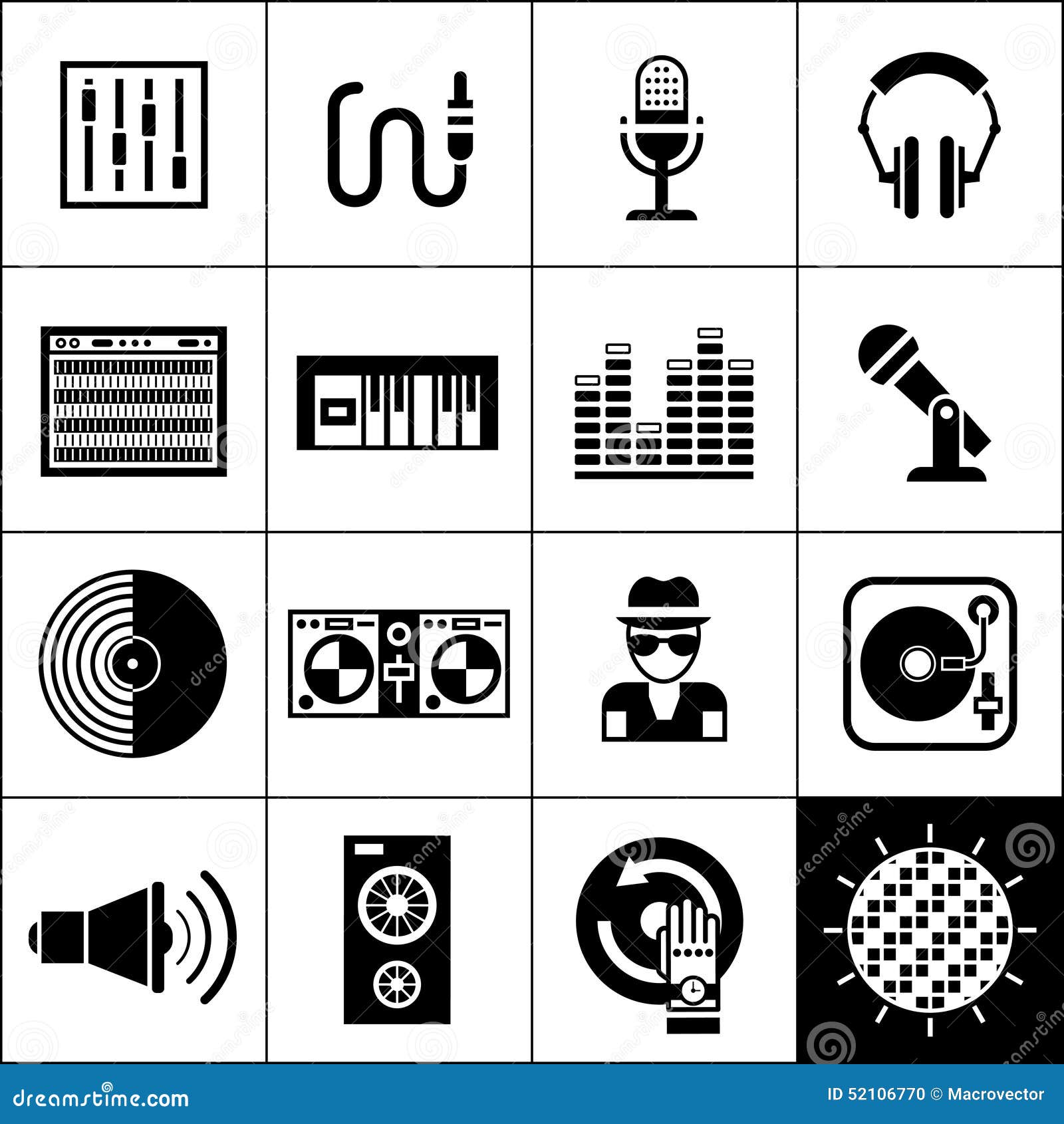 Dj-symbolssvart vektor illustrationer. Illustration av dator - 52106770